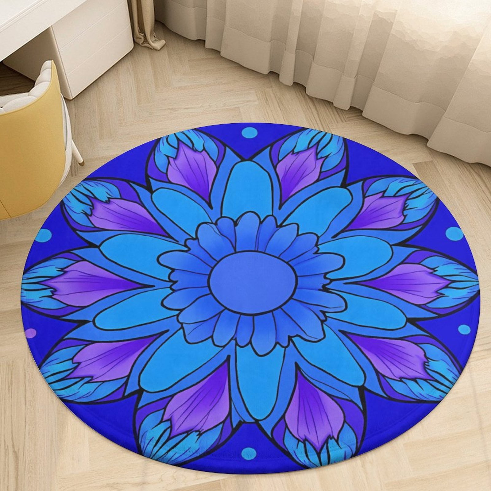A Blue And Purple Mandala Flower on A Blue Background with Polka Dots ...