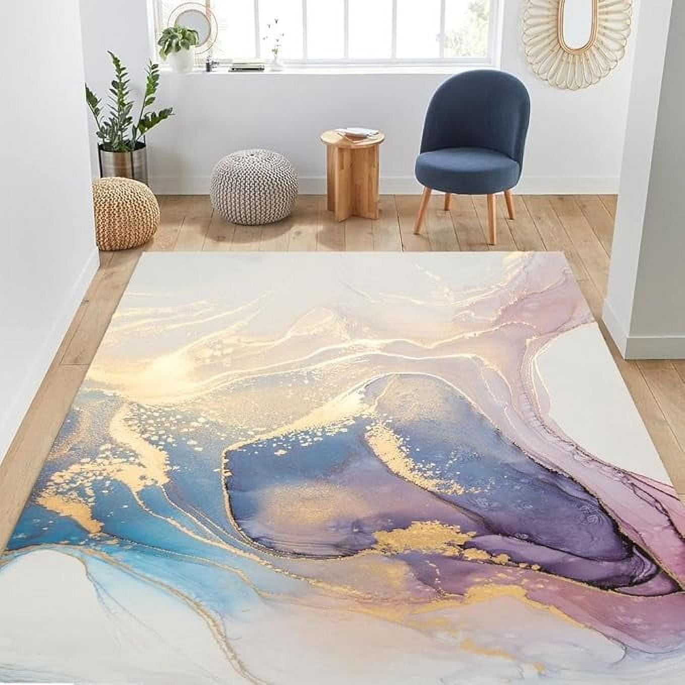 Blue Purple Marble Pattern Area Rug For Bedroom, Modern Minimalist ...