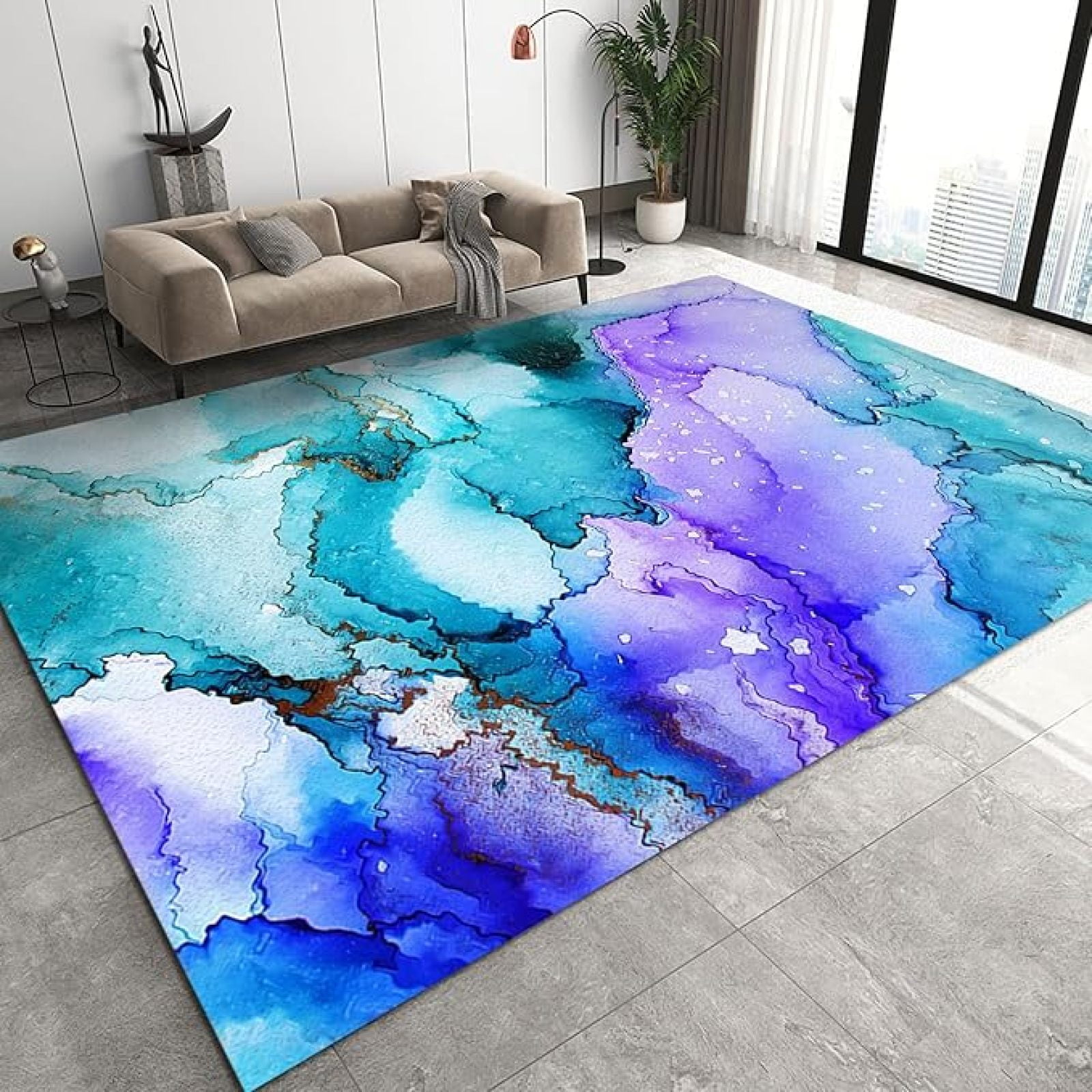 Blue Purple Marble Texture Area Rug For Living Room, Gradient ...