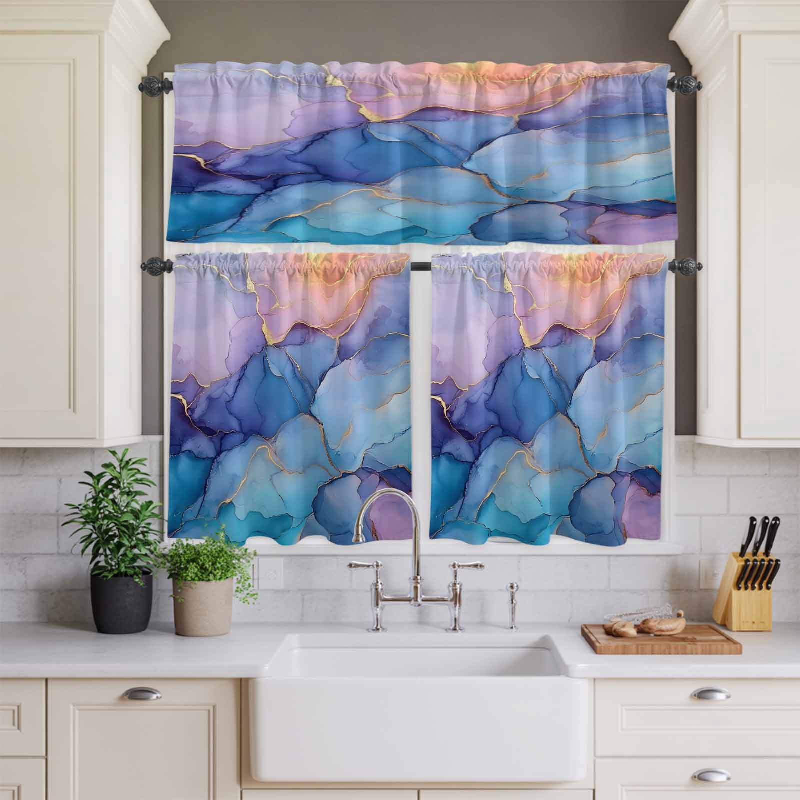 Blue Purple Marble Texture Curtain Tier and Valance Set 3 Piece,Modern ...