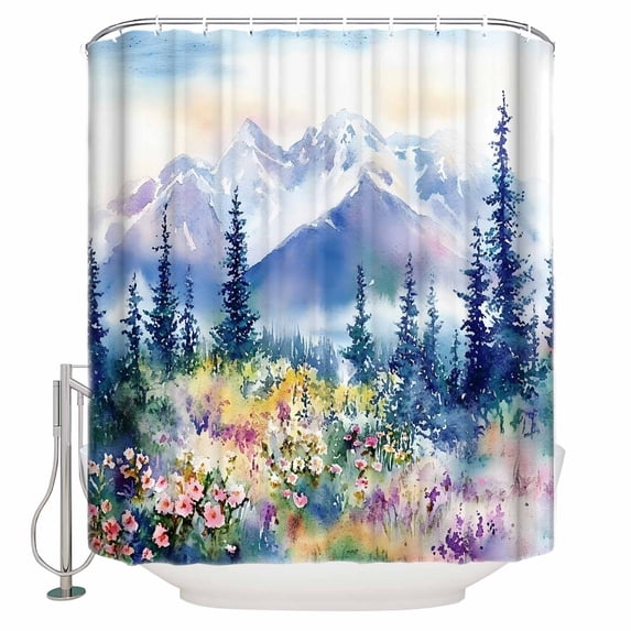 Blue Purple Mountains Bathroom Shower Curtains with 12 Hooks Polyester ...