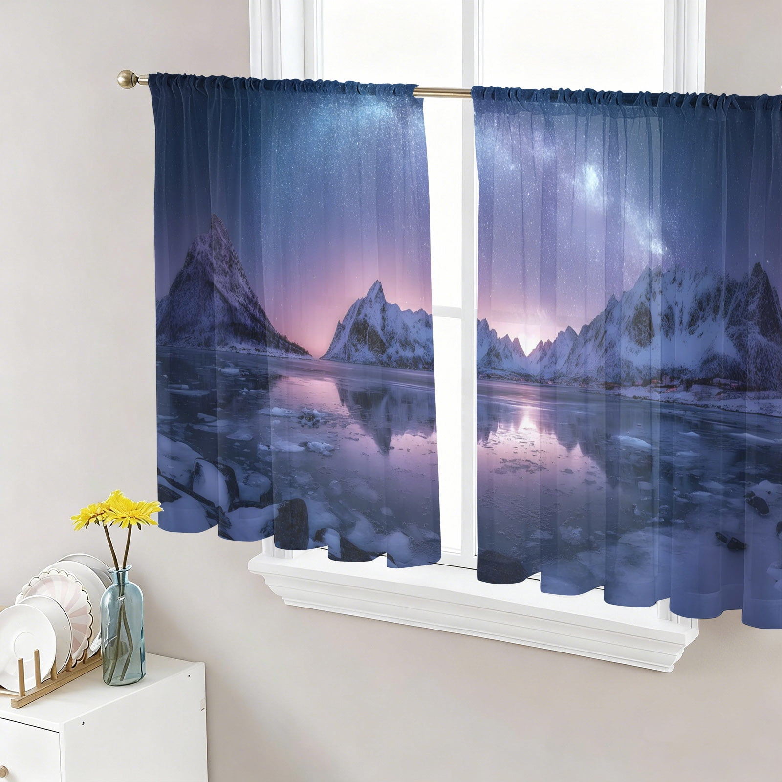 Blue Purple Mountains Sheer Curtains 45 Inch Length 2 Panels Set ...
