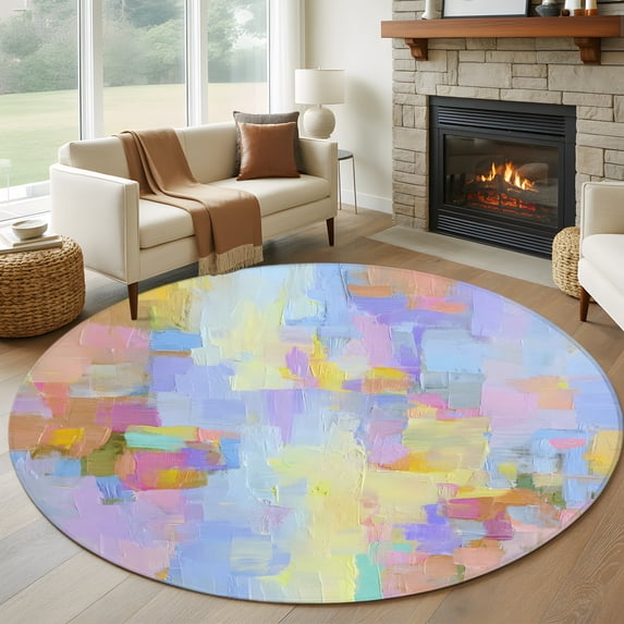 Blue Purple Oil Painting 7FT Round Area Rugs for Living Room Abstarct ...