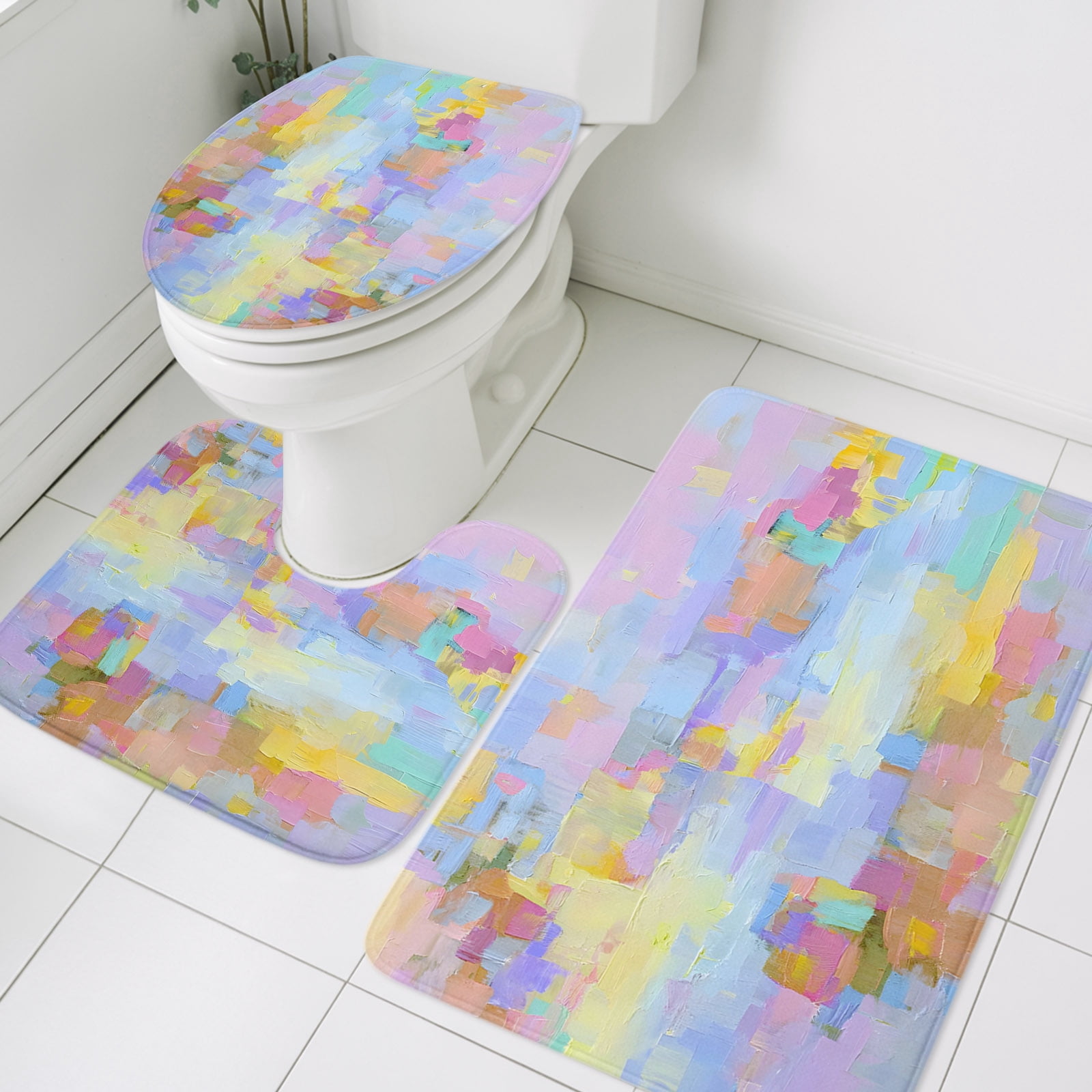 Blue Purple Oil Painting Bathroom Rugs Set Abstarct Blue Yellow Swashes ...