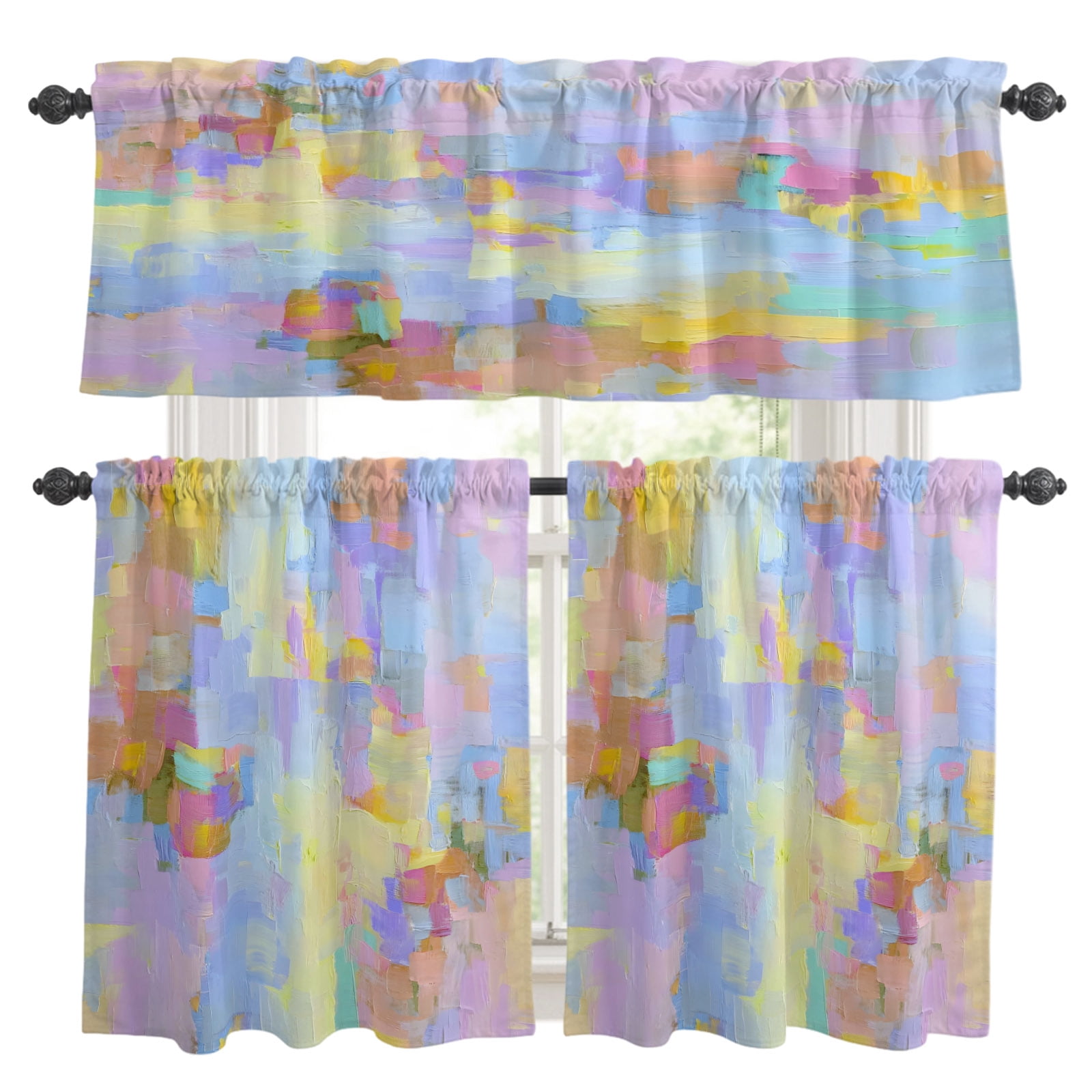 Blue Purple Oil Painting Kitchen Curtains Valances 3 Piece Set ...