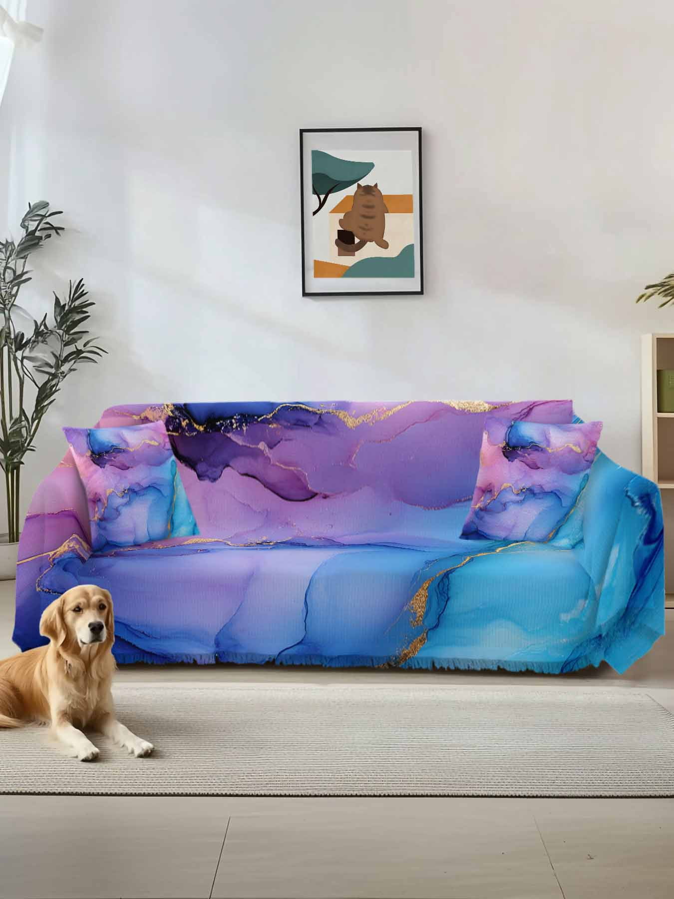 Blue Purple Ombre Couch Cover, Marble Modern Ink Painted Abstract Sofa ...
