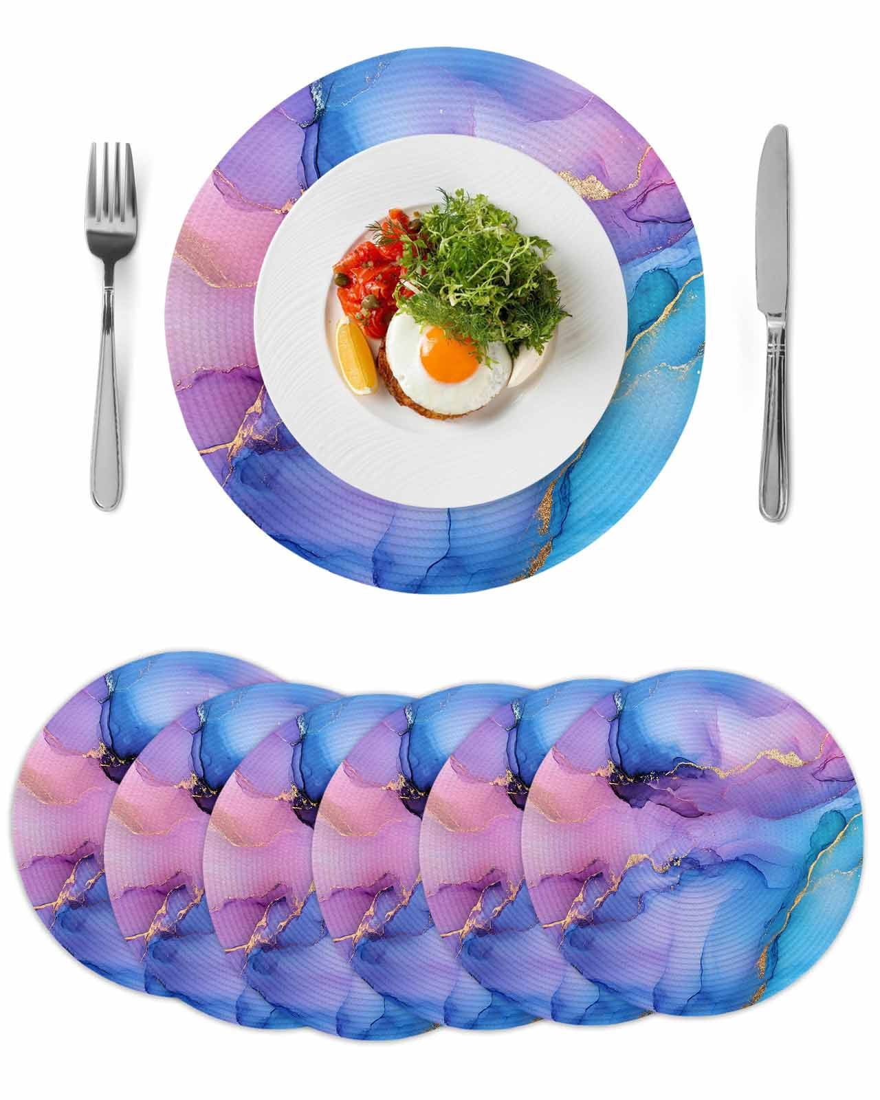 Blue Purple Ombre Round 13 Inch Placemats Set of 6, Marble Modern Ink ...