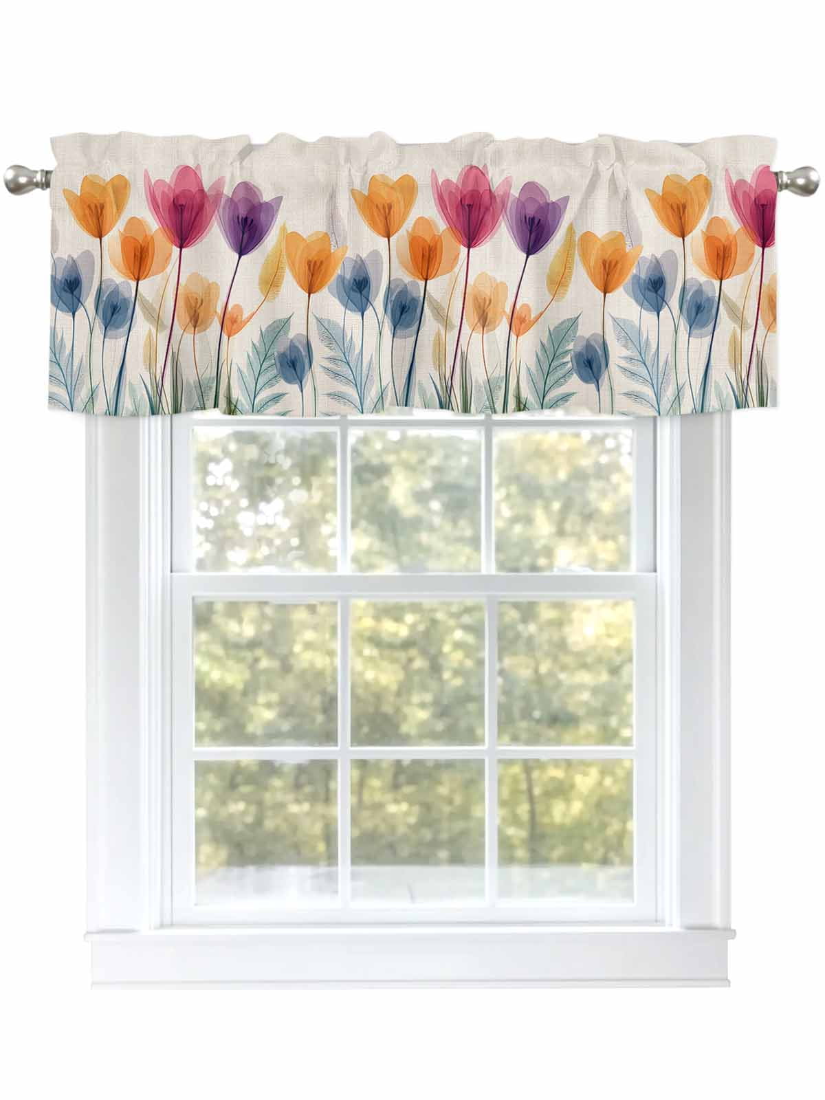 Blue Purple Orange Tulips Blue Leaf Retro Valances Curtain Kitchen Rod ...