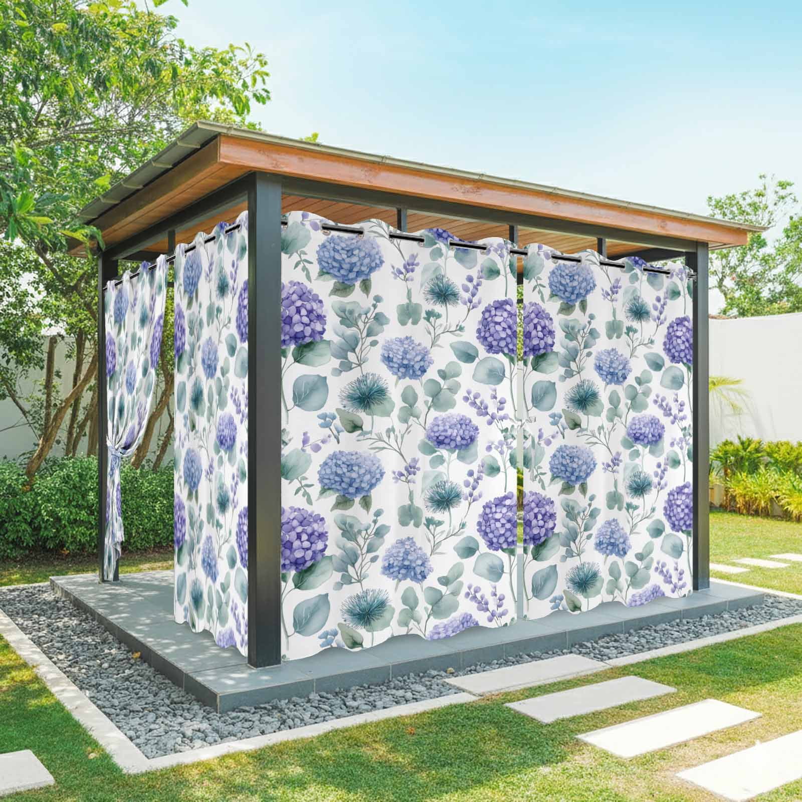 Blue Purple Outdoor Curtains for Patio, Hydrangea Eucalyptus Leaves ...