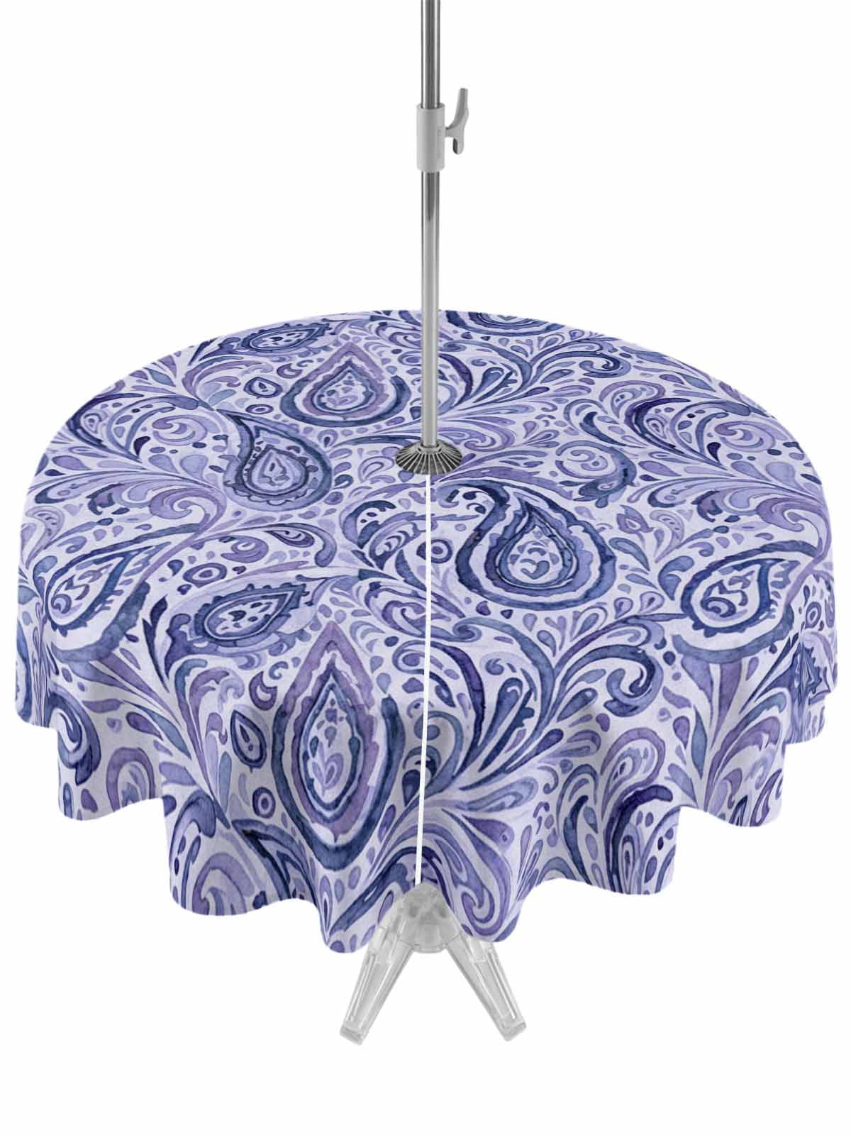 Blue Purple Paisley Floral Round Outdoor Tablecloth with Umbrella Hole ...