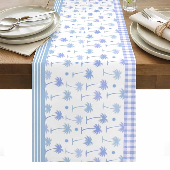Blue Purple Palm Trees Table Runner Summer Tropical Coastal Plaid Strip ...
