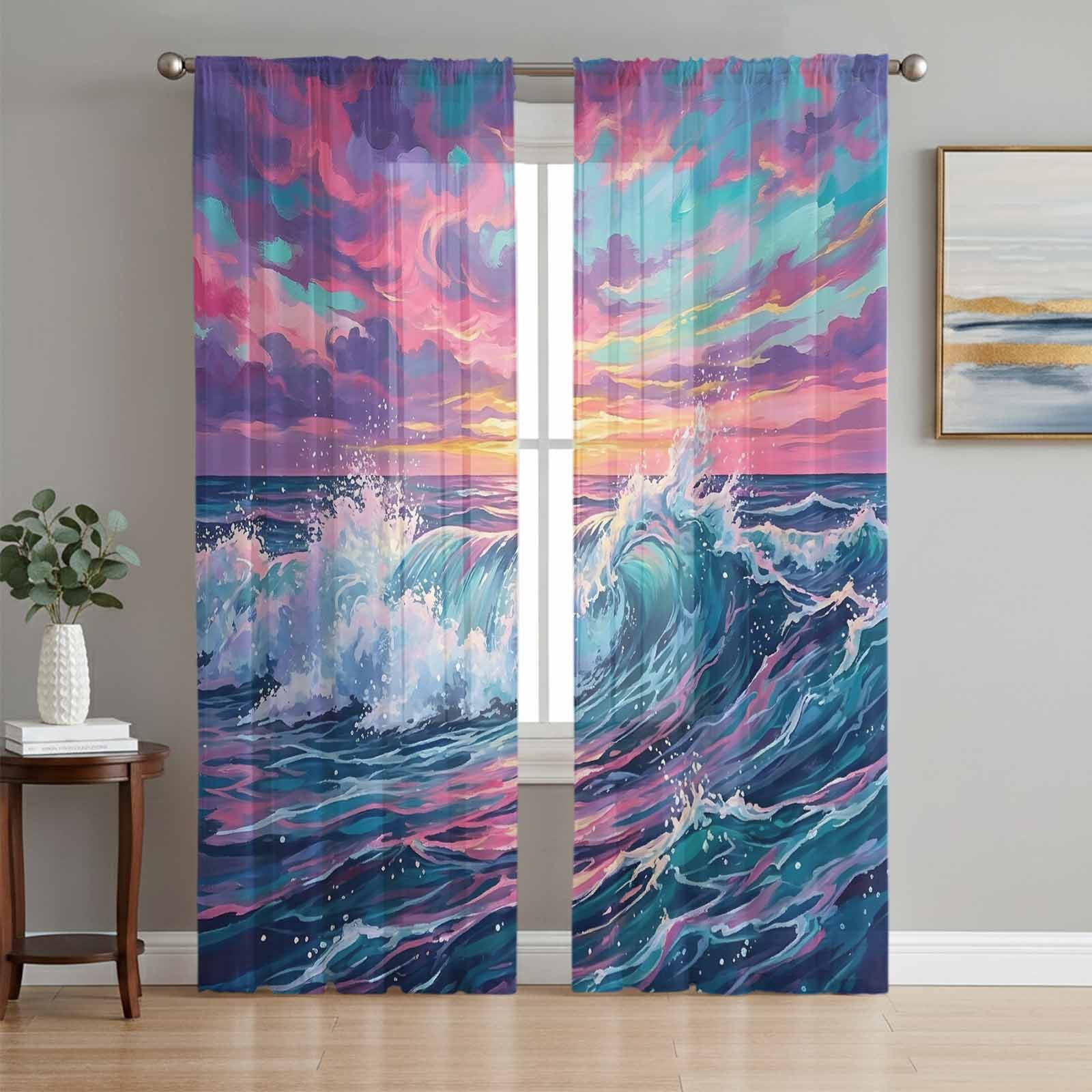 Blue Purple Pink Coastal Sheer Curtains for Living Room Bedroom Summer ...