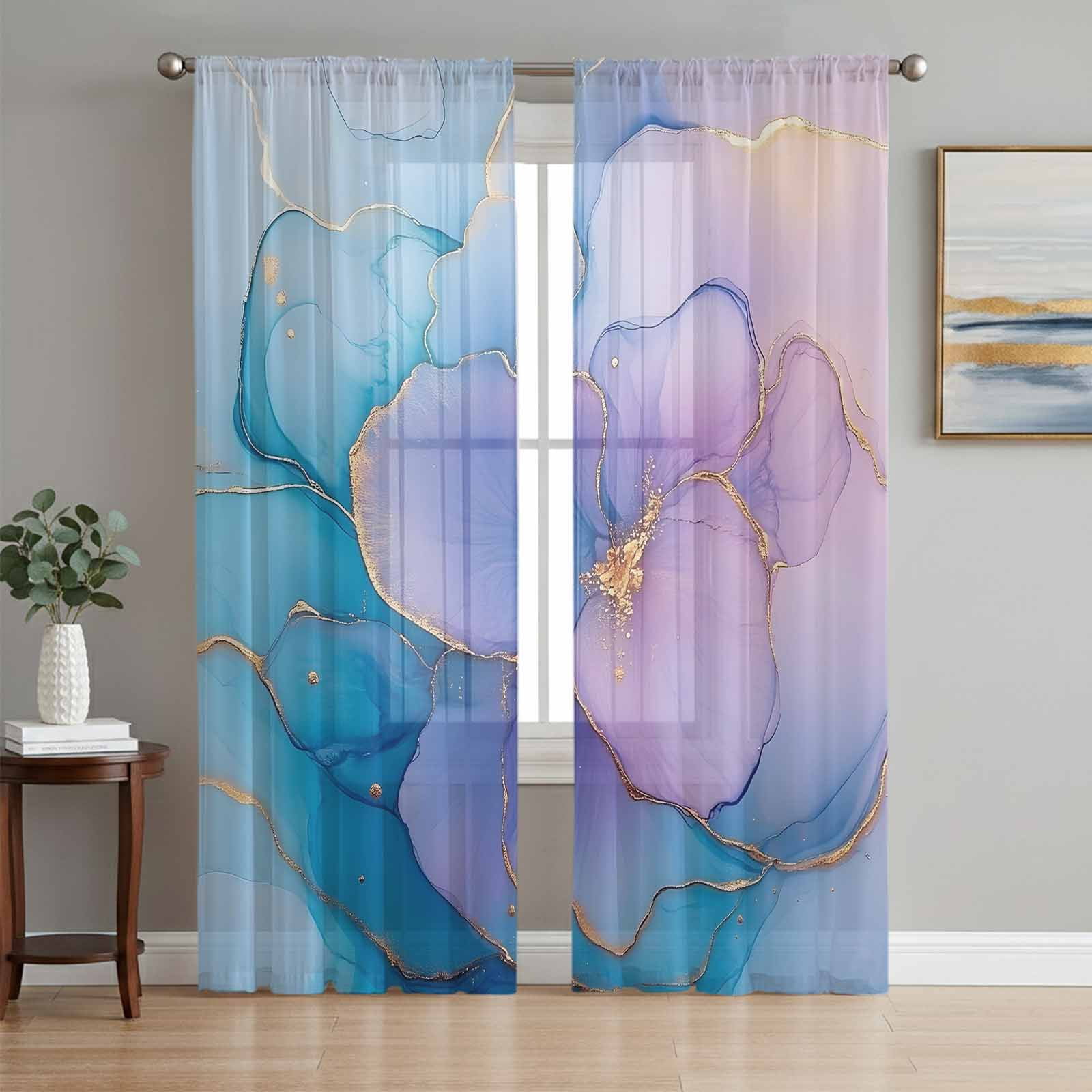 Blue Purple Pink Floral Marble Semi Sheer Curtains 72 Inch Length 2 ...