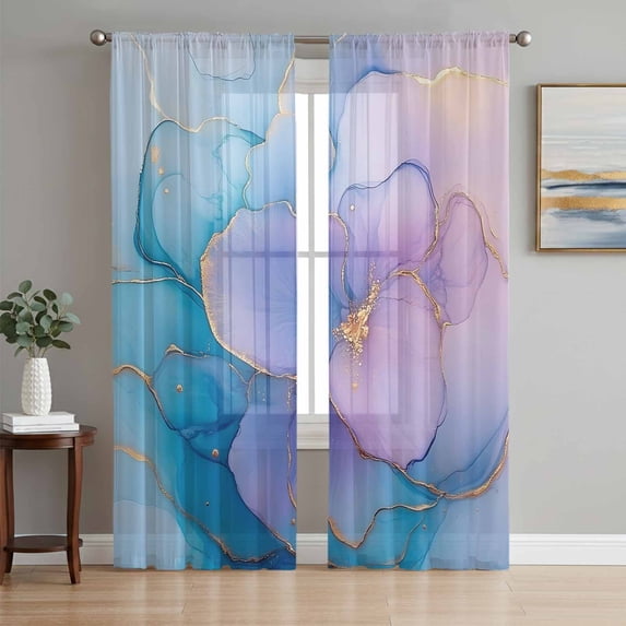 Blue Purple Pink Floral Marble Semi Sheer Curtains 72 Inch Length 2 ...