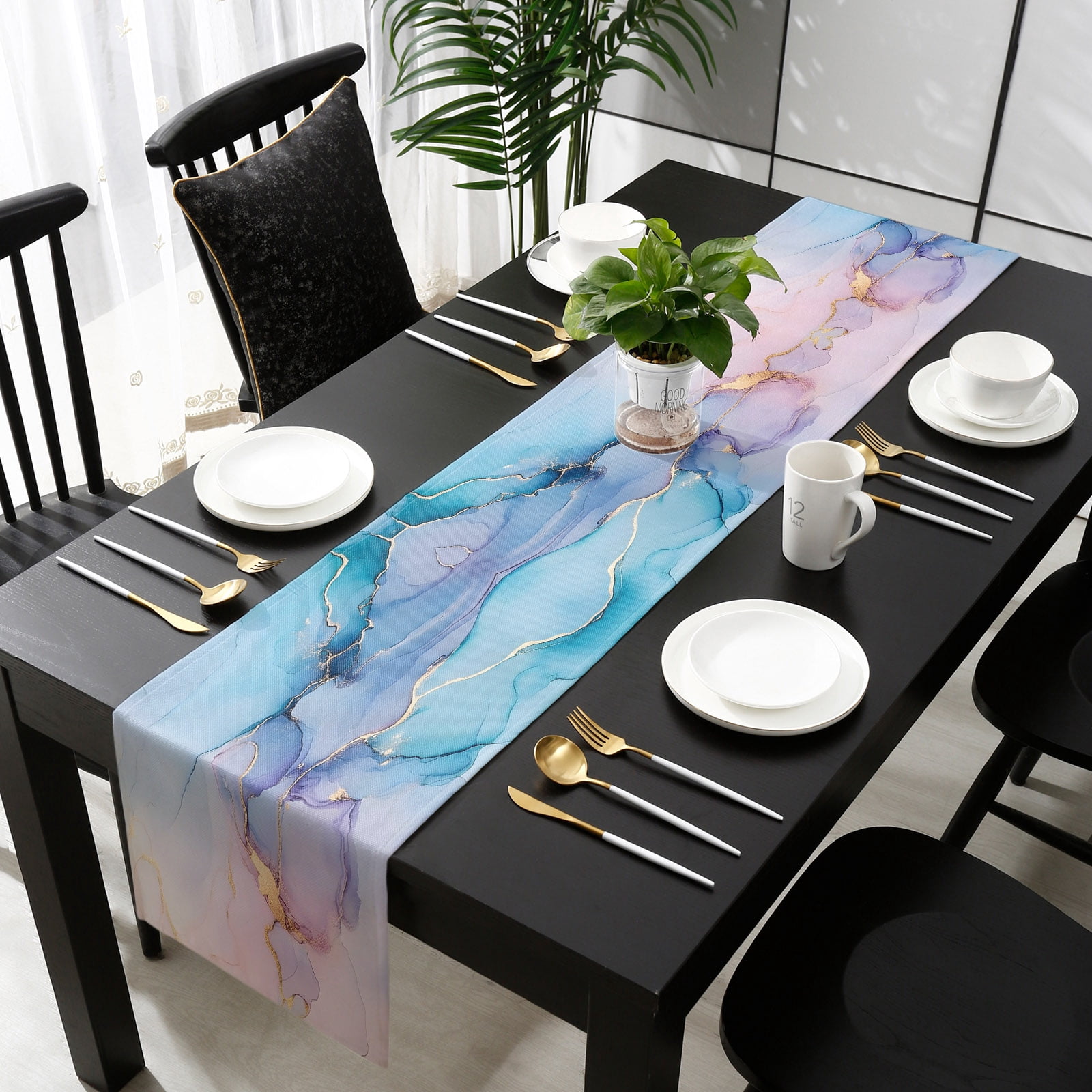 Blue Purple Pink Marble Table Runner 90 Inches Long - Modern Ink ...