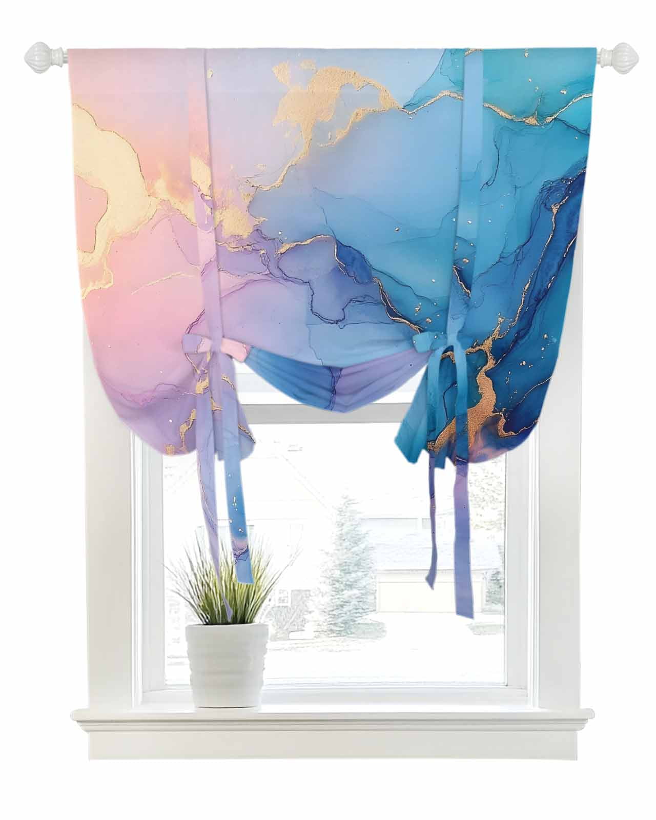Blue Purple Pink Marble Tie Up Curtains for Window, Thermal Insulated Balloon Shade Adjustable ...