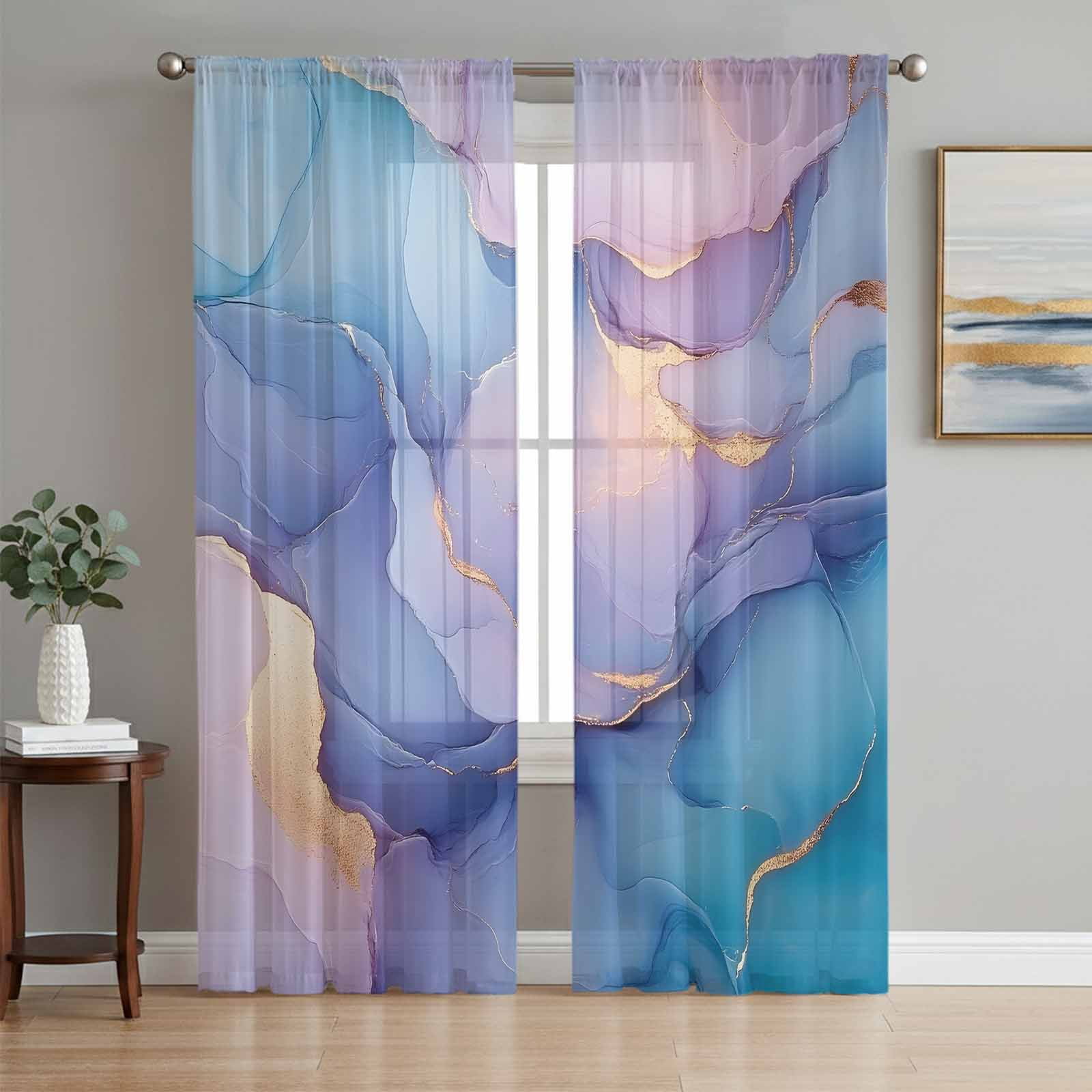 Blue Purple Pink Semi Sheer Curtains 96 Inch Length 2 Panels Set ...