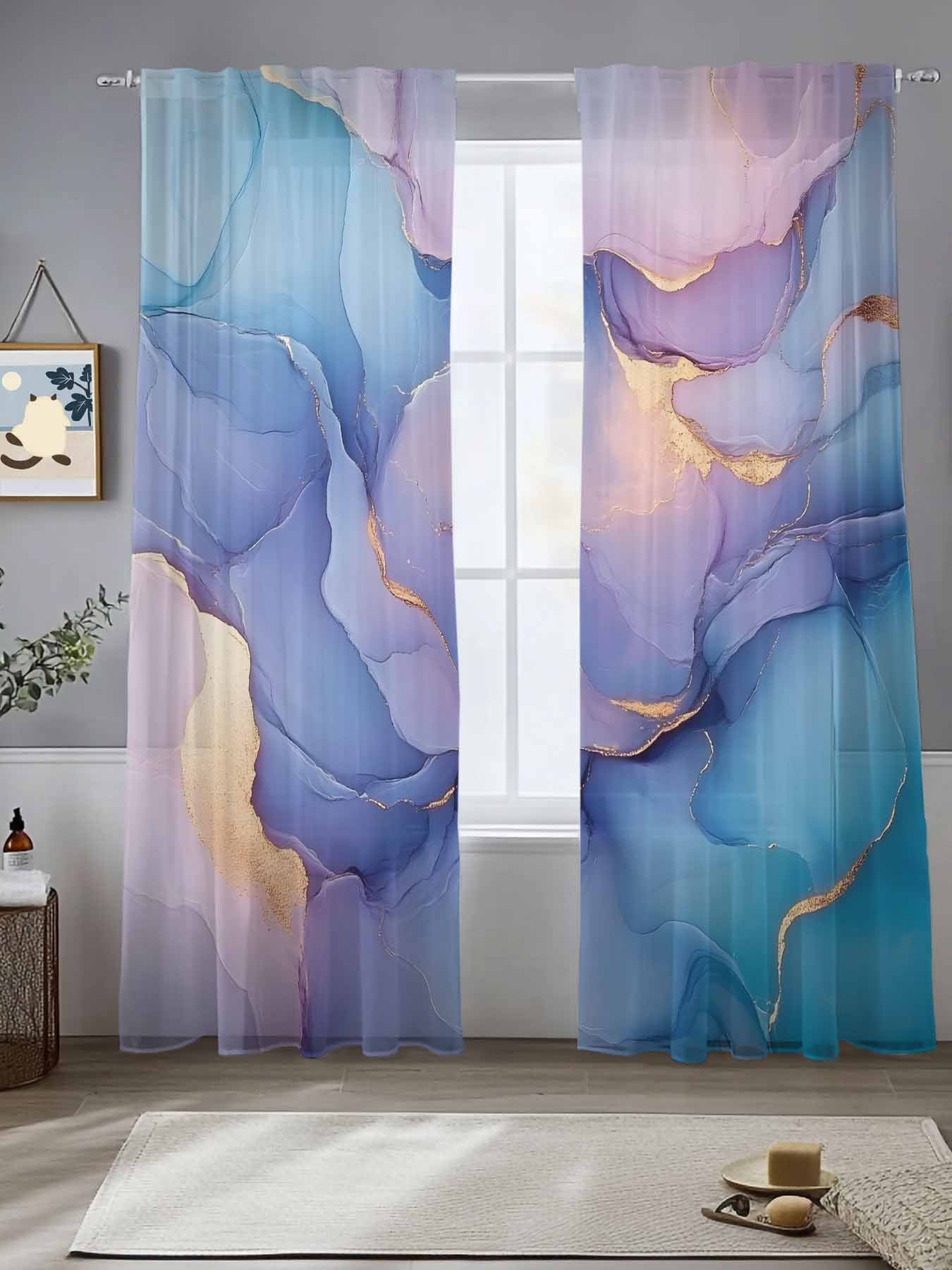 Blue Purple Pink Sheer Curtains for Living Room Bedroom Luxury Marble ...