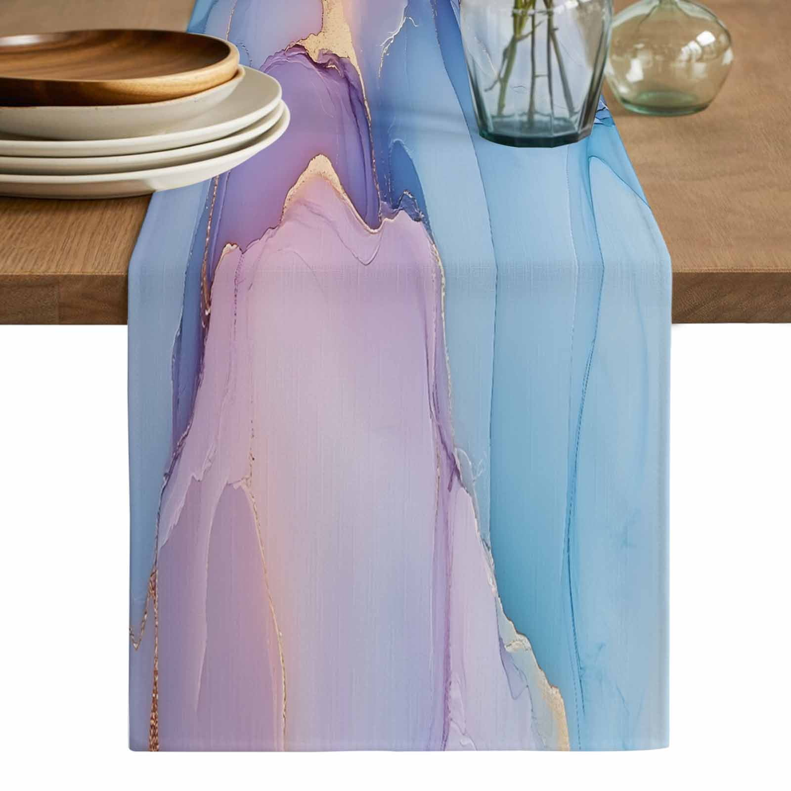 Blue Purple Pink Table Runner, Luxury Marble Modern Abstract Art ...