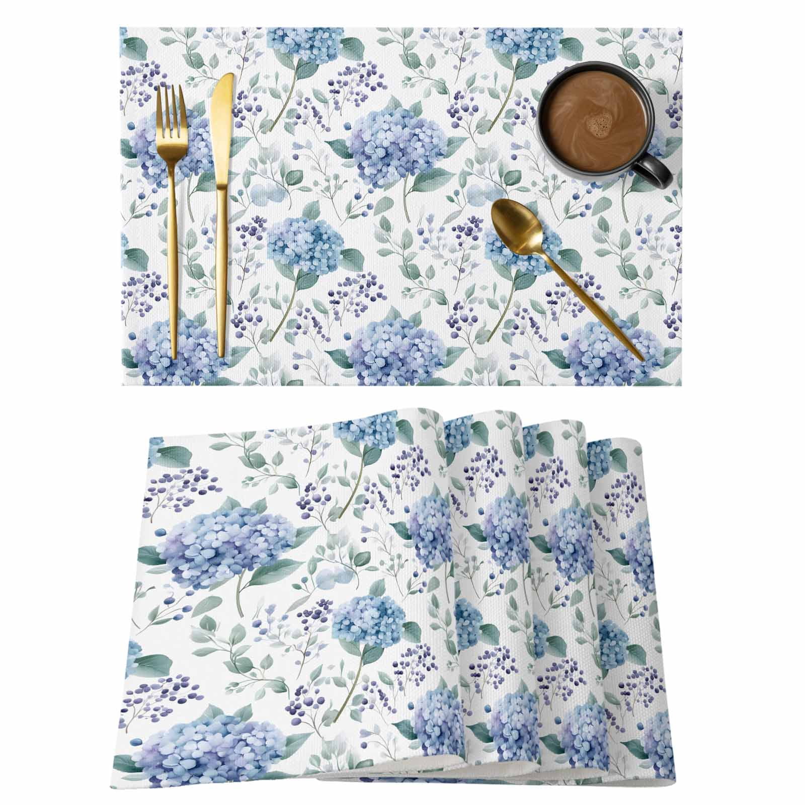 Blue Purple Placemats Set of 8, Hydrangea Floral Blueberry Bouquet ...