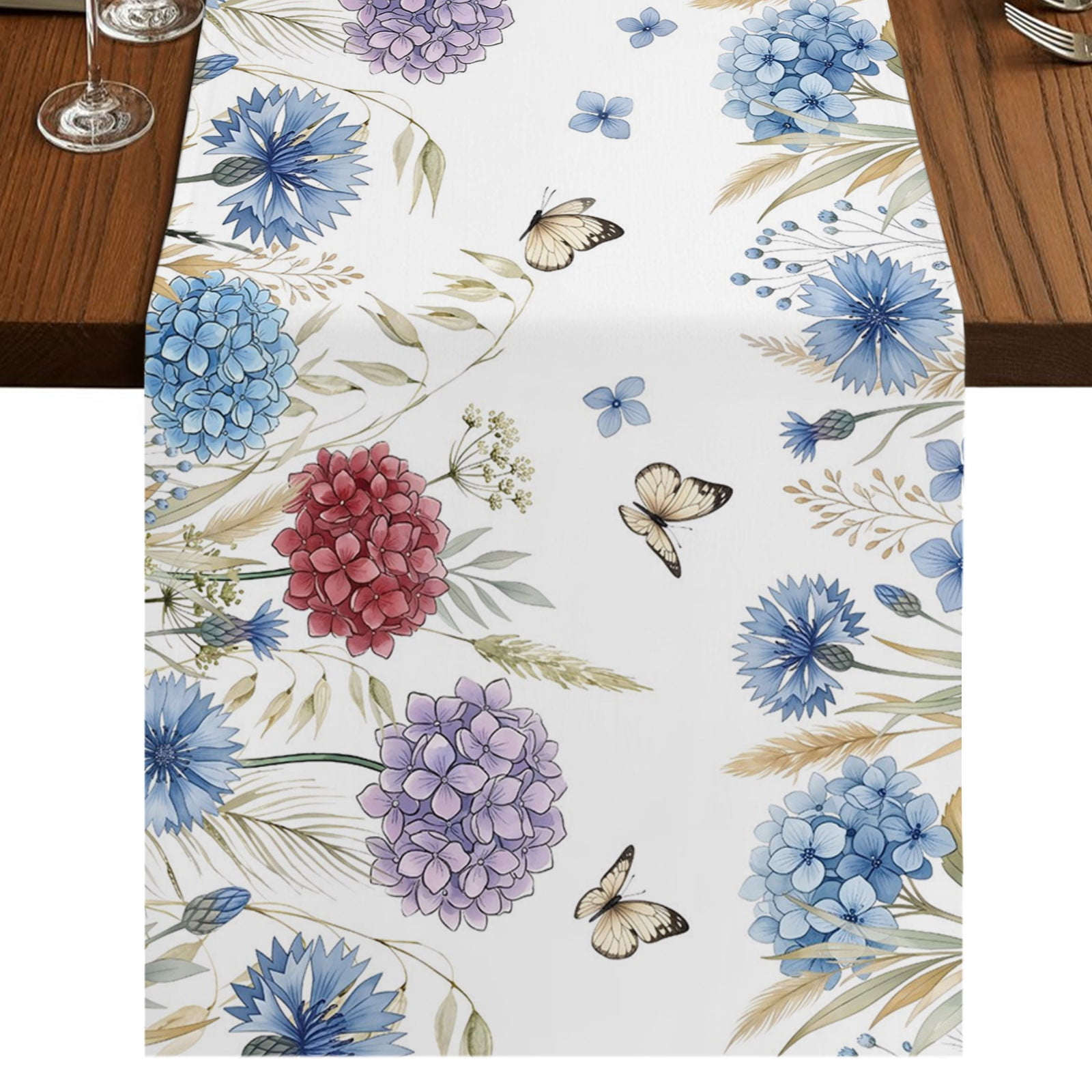 Blue Purple Red Hydrangea Burlap Cotton Table Runner 13x48 Inches Long ...