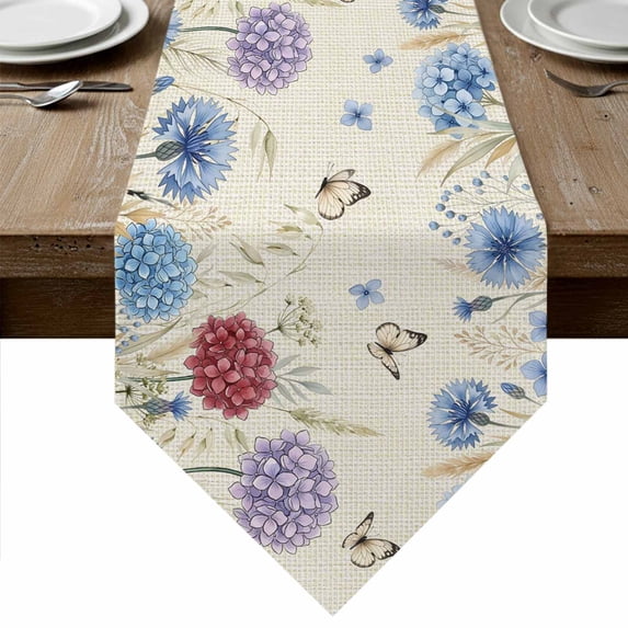 Blue Purple Red Hydrangea Table Runner Linen Burlap Table Runner 72 ...