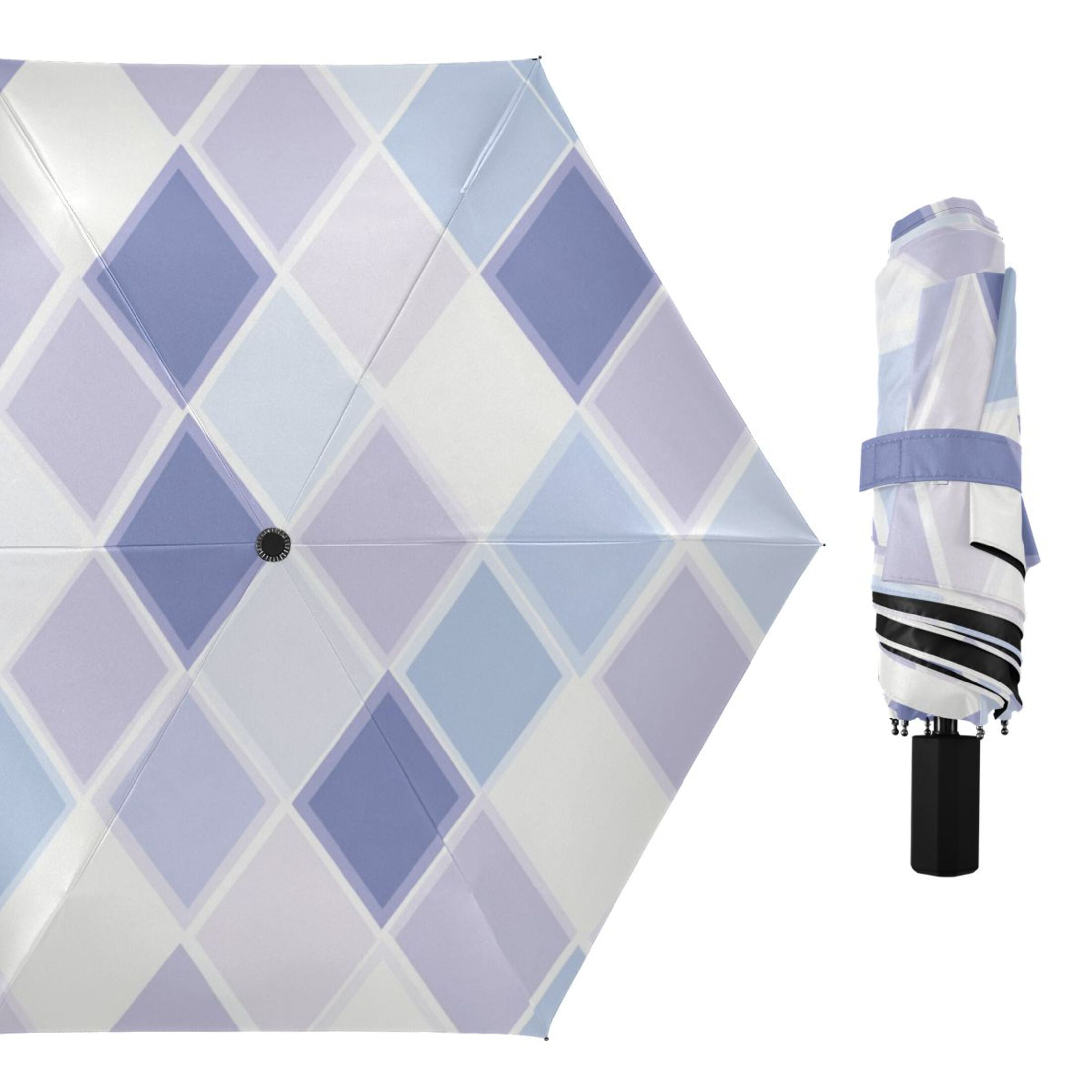 Blue Purple Rhombus All Weather Umbrella Triple Folding Parasol 6 Ribs ...