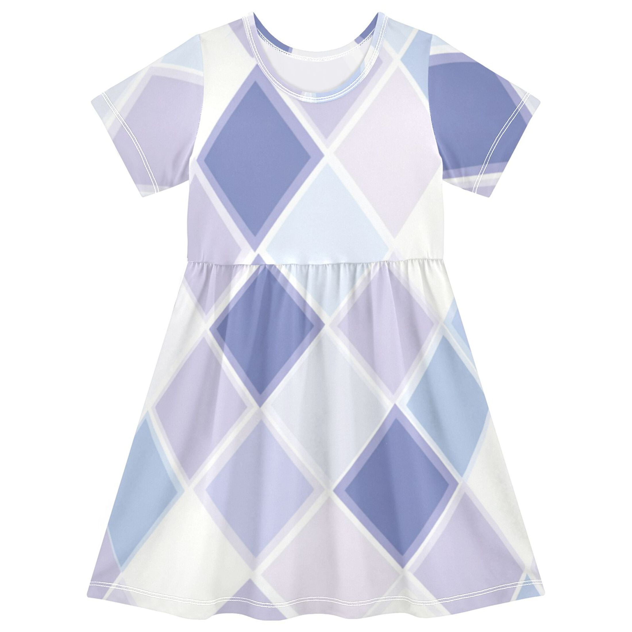Blue Purple Rhombus Girls' Short Sleeve Dress A-Line One-Piece Dress ...