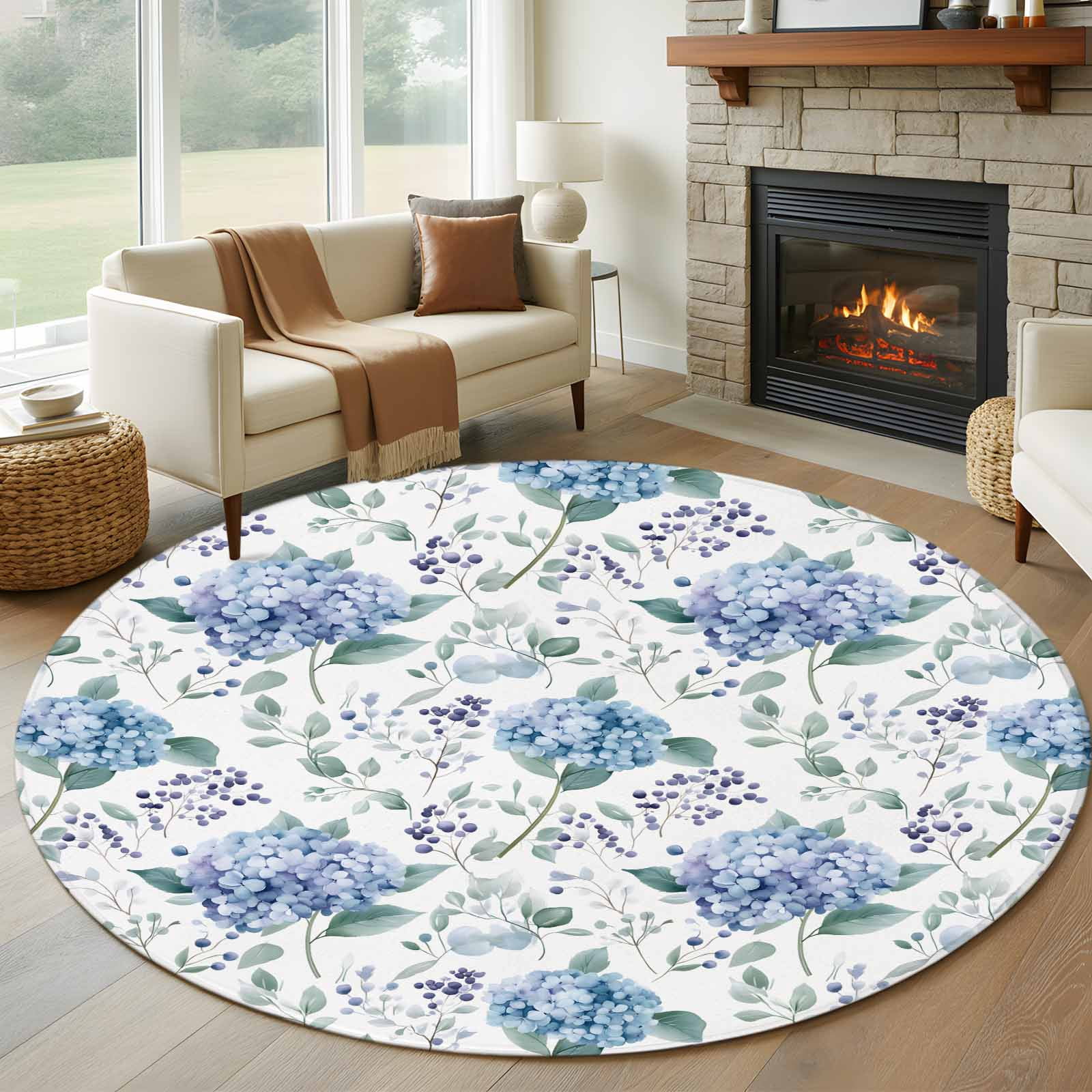 Blue Purple Round Rugs for Living Room 6ft Hydrangea Floral Fruit ...
