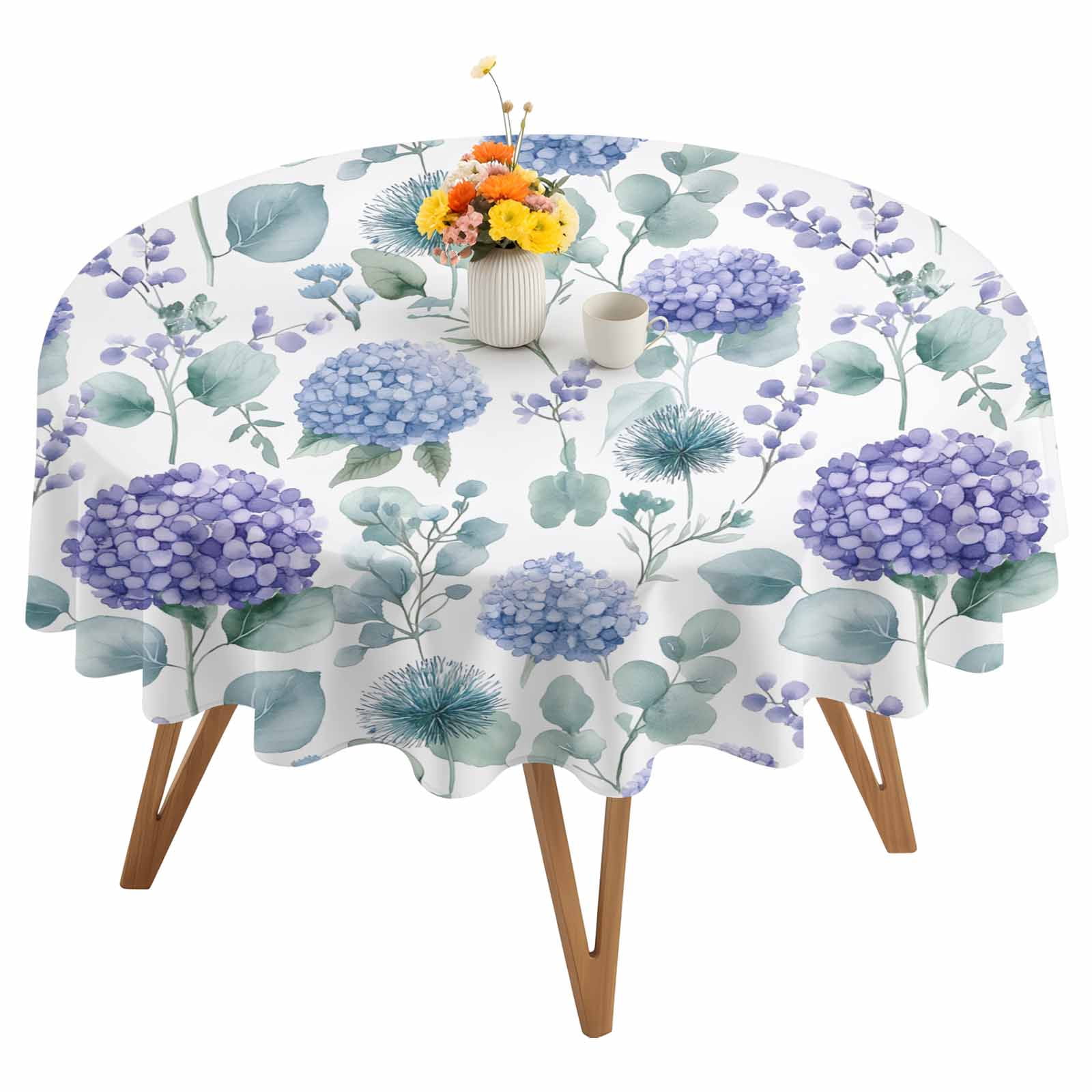 Blue Purple Round Tablecloth 54 inches Hydrangea Eucalyptus Leaves ...