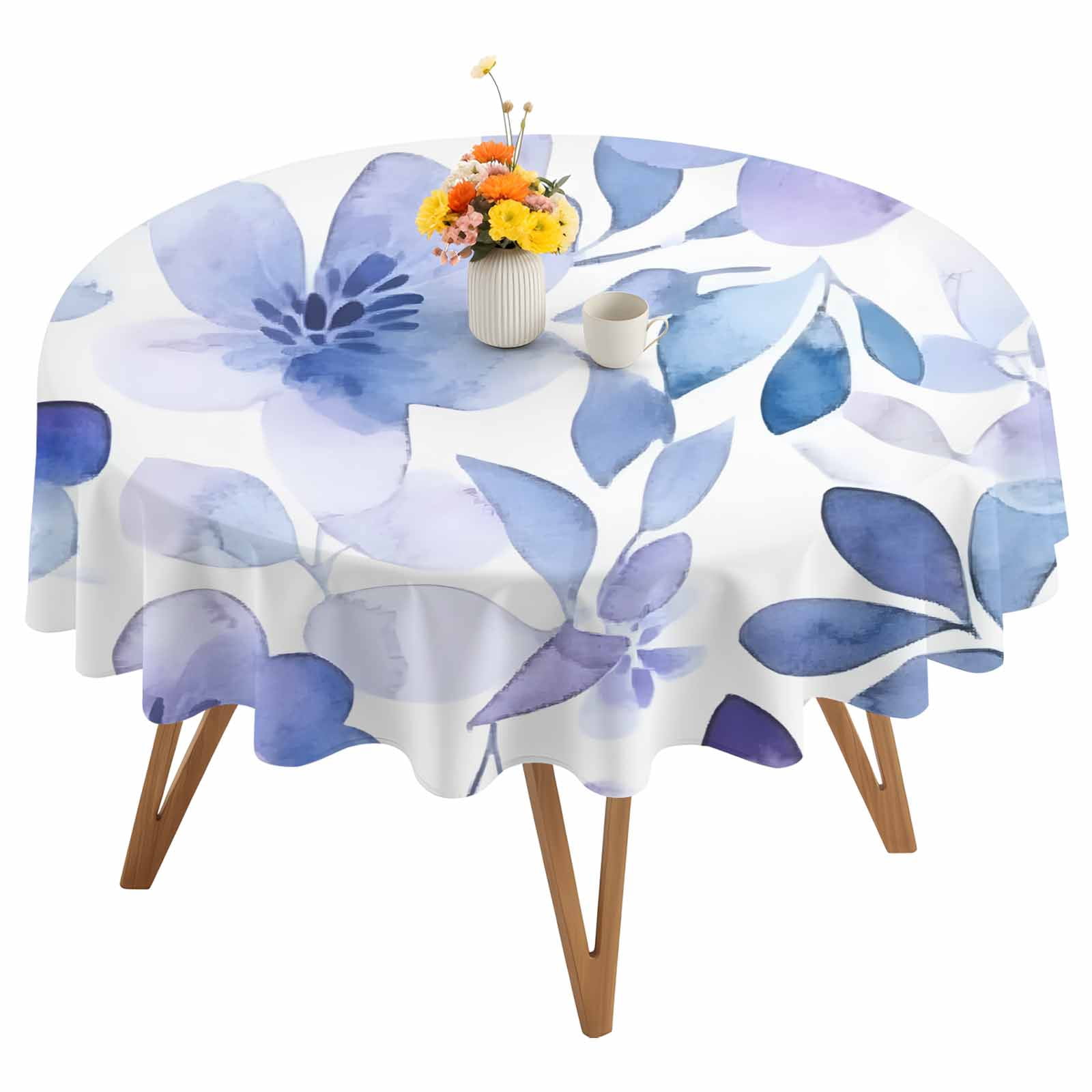 Blue Purple Round Tablecloth 54 inches Pansy Flowers Abstract ...