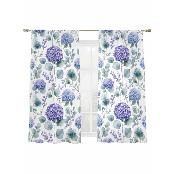Blue Purple Sheer Curtains 2 Panels Set Hydrangea Eucalyptus Leaves ...