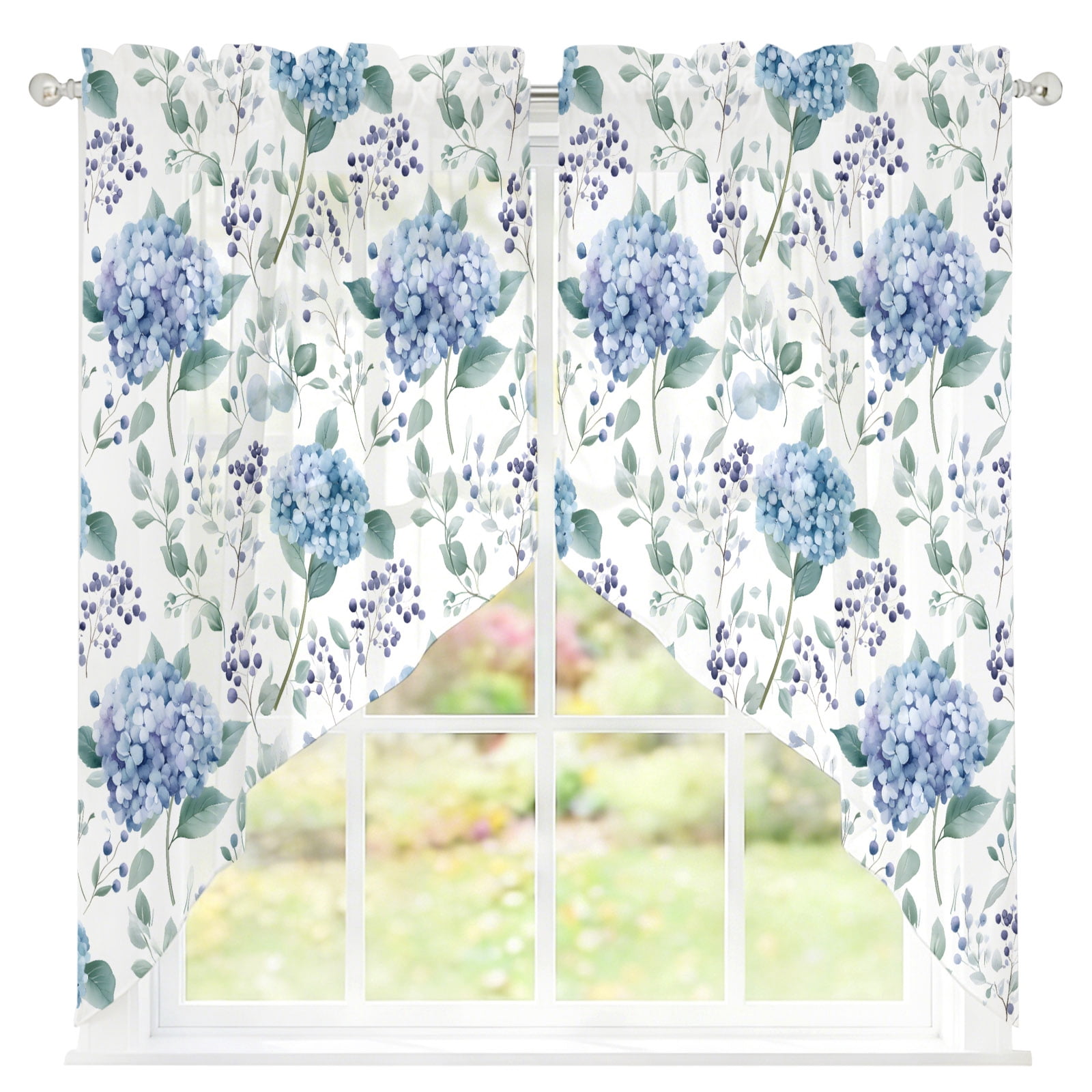 Blue Purple Sheer Curtains Swag Valances for Windows Hydrangea Floral ...