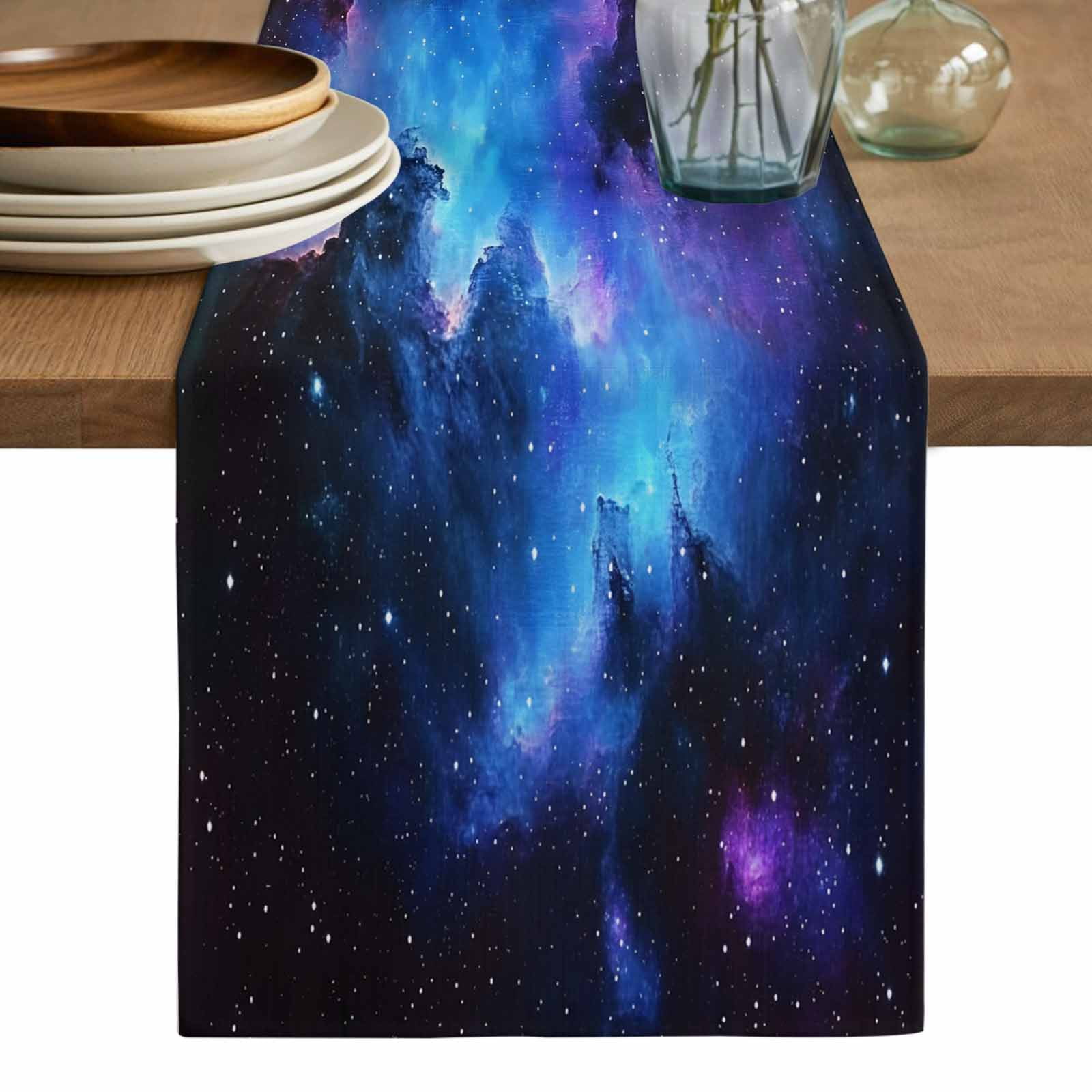 Blue Purple Sky Table Runner, Modern Abstract Night Stars Washable ...