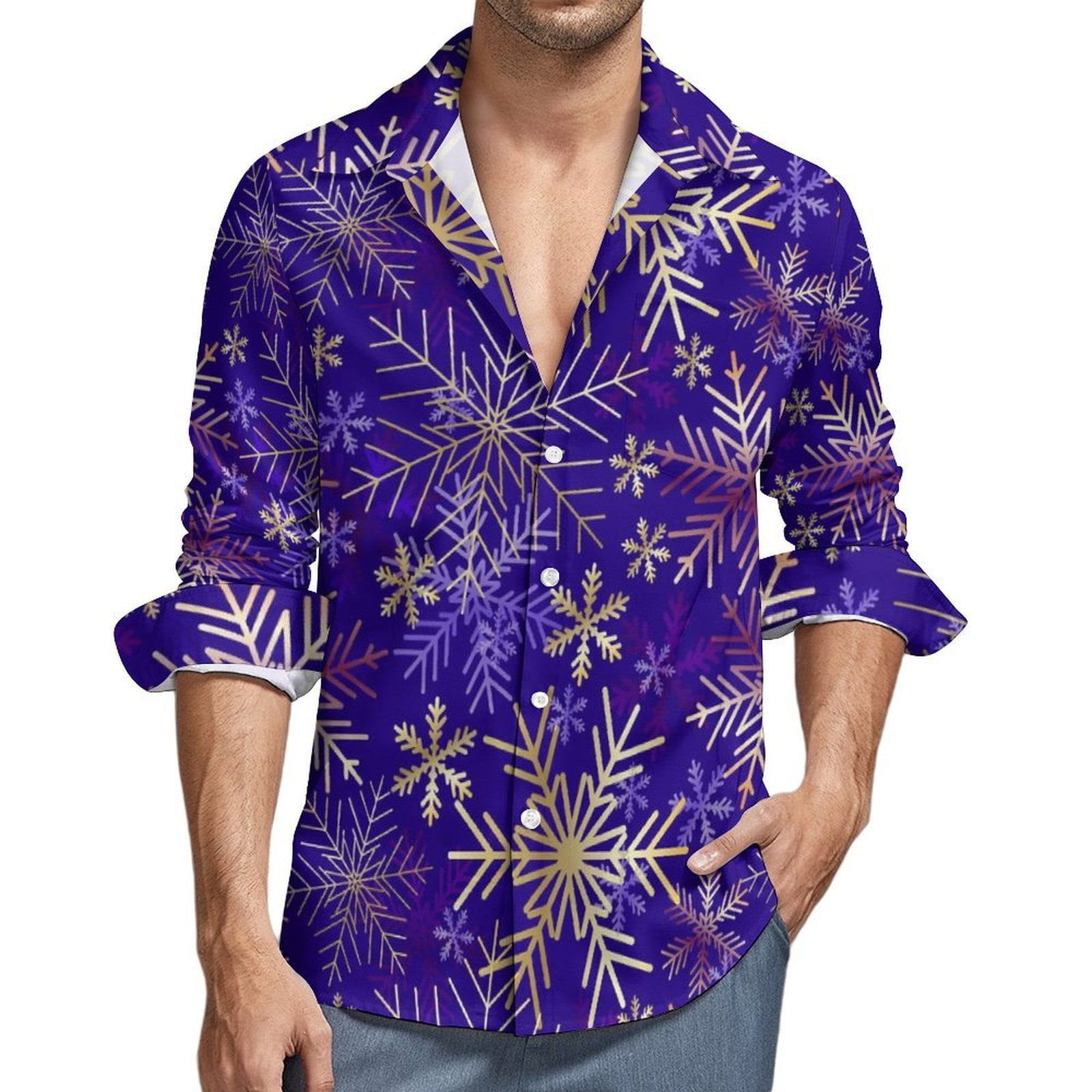 Blue Purple Snowflake Mens Long Sleeve Button Down Shirts, Casual Men's ...