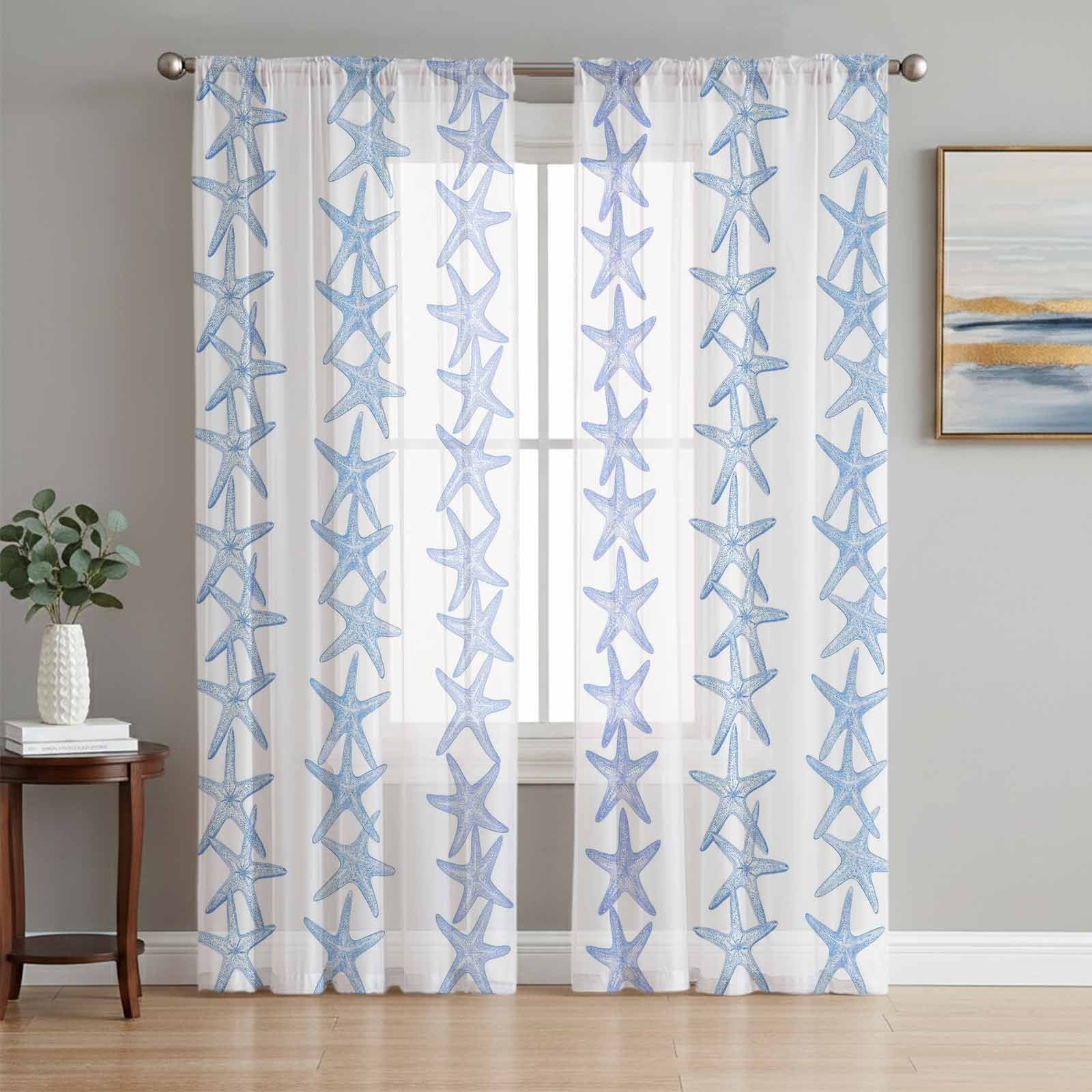 Blue Purple Starfish Sheer Curtains for Living Room Bedroom Summer ...