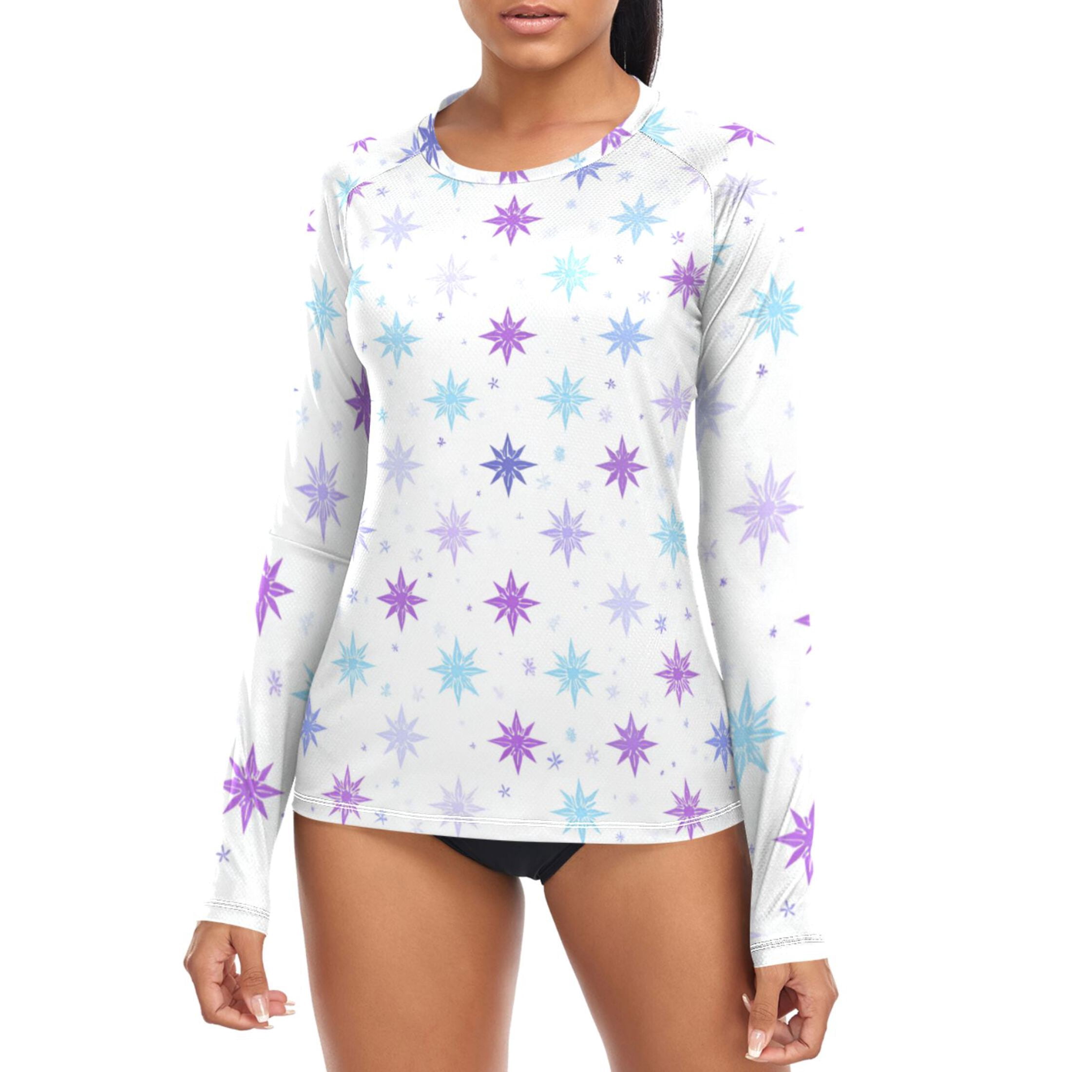 Blue Purple Stars on White Background Women's Rash Guard Shirts UPF 50 ...