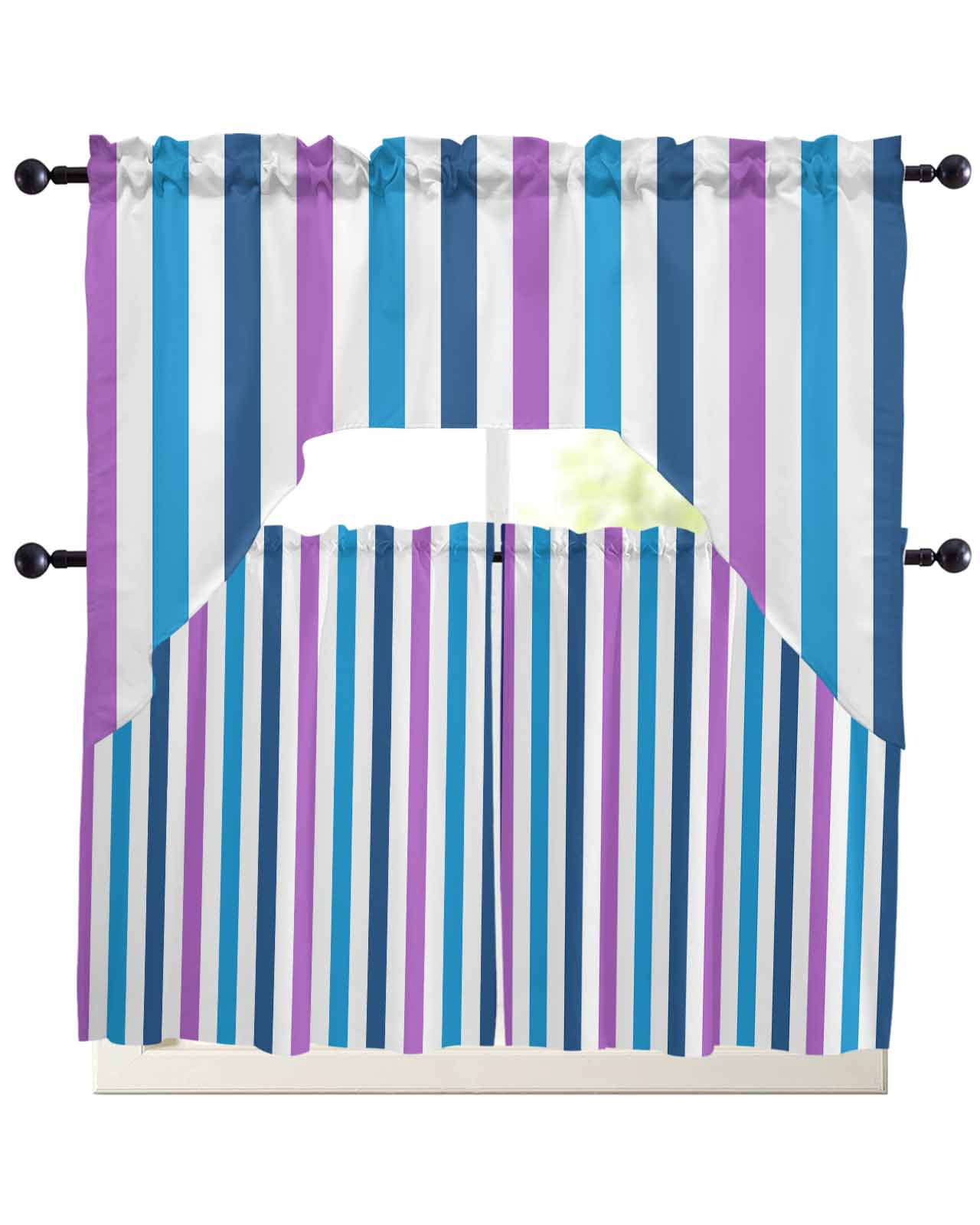 Blue Purple Stripe Kitchen Curtains Sets 24 Inch Length with Valance ...