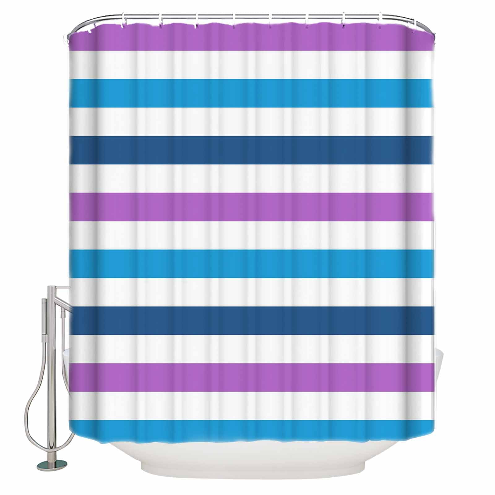 Blue Purple Striped Bathroom Shower Curtains with 12 Hooks Polyester ...