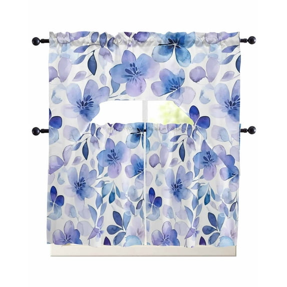 Blue Purple Swag Valance and Tier Curtains Set Pansy Flowers Abstract ...