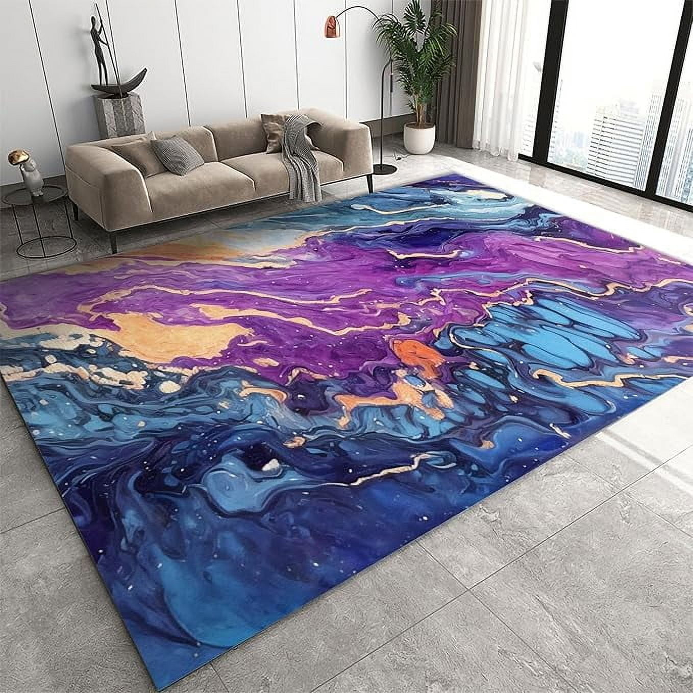 Blue Purple Swirl Marble Area Rug, Retro Abstract Luxury Washable ...