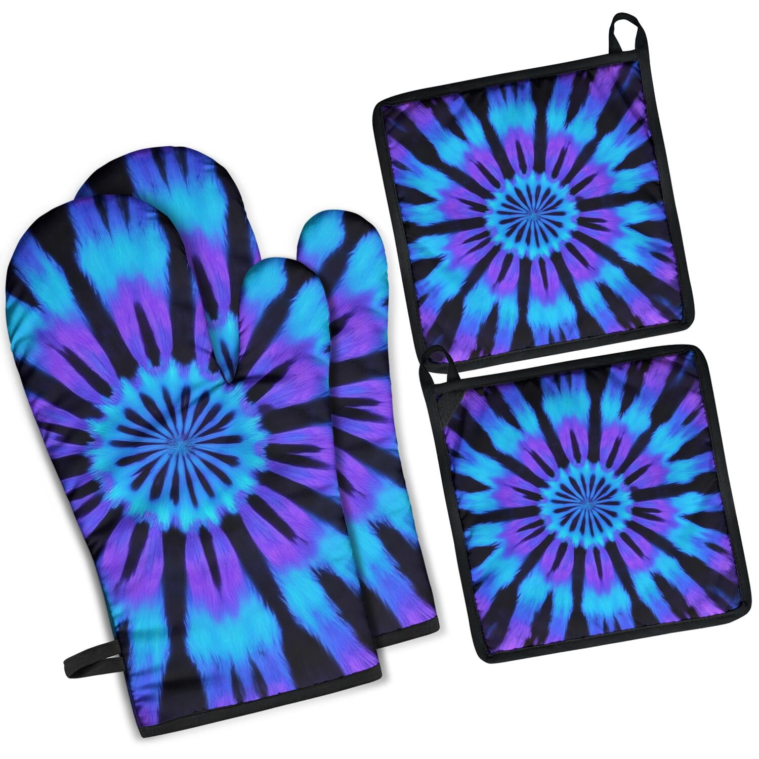 Blue Purple Tie Dye Pattern Kitchen Oven Mitt and Pot Holder Sets 4 Pcs ...