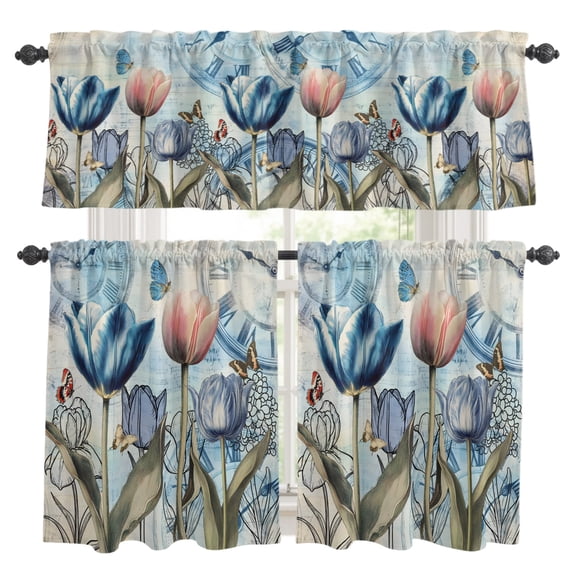 Blue Purple Tulip Kitchen Curtains Set for Windows, Retro Watercolor ...