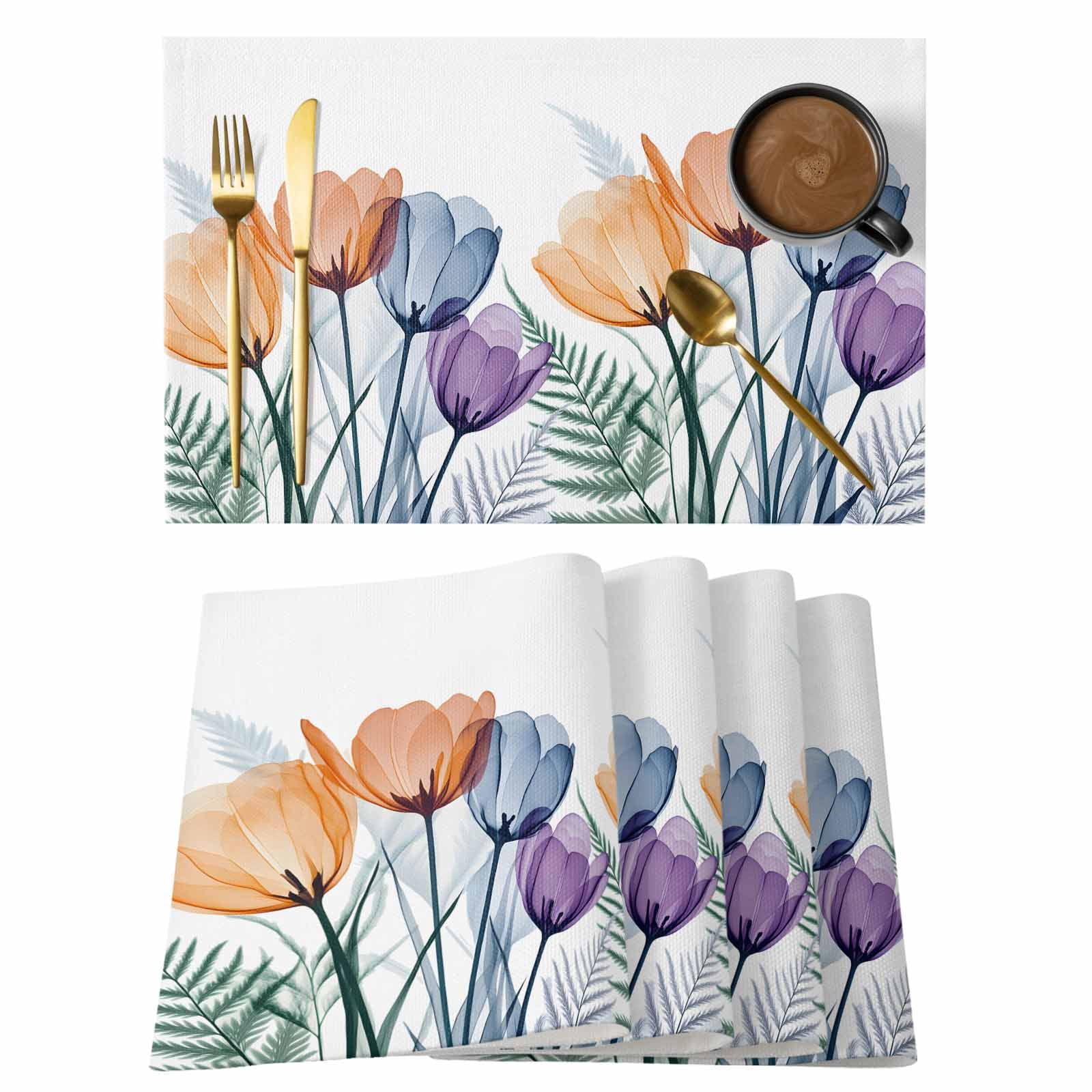 Blue Purple Tulip Placemats Set of 4, Cotton Linen Fabric Place Mats ...