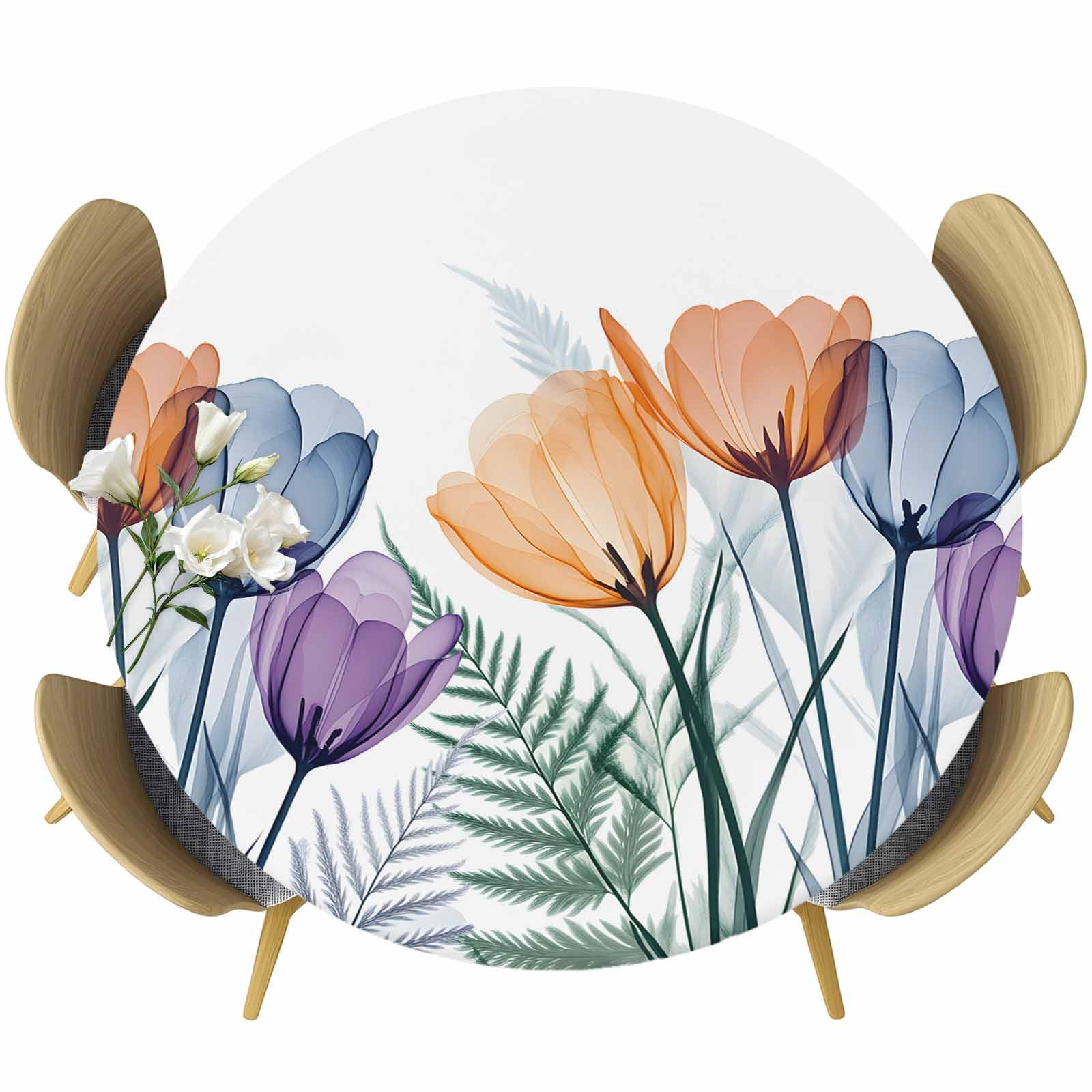 Blue Purple Tulip Table Cloth, Round Fitted Tablecloths with Elastic ...