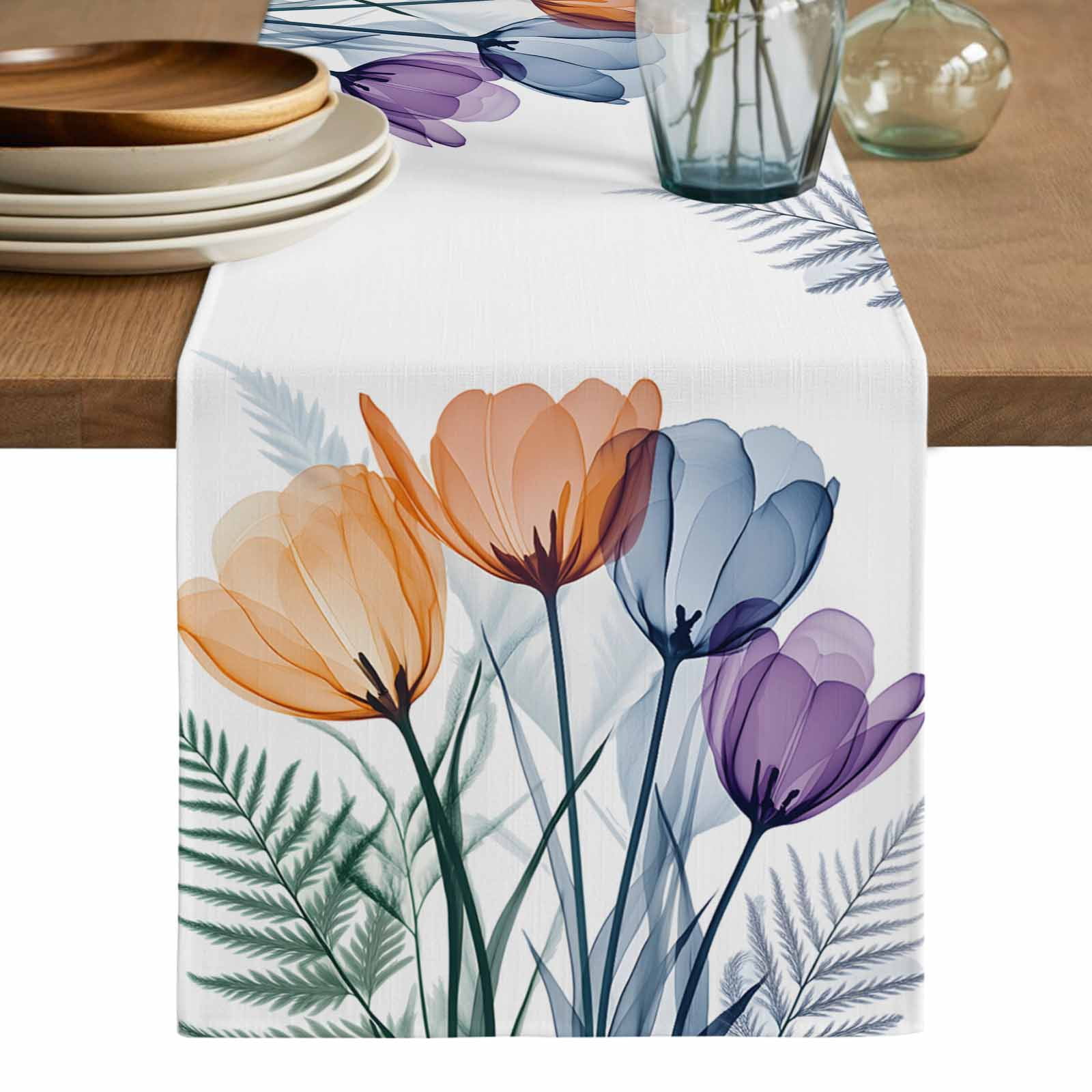 Blue Purple Tulip Table Runner, Orange Brown Floral Aesthetics Plant ...