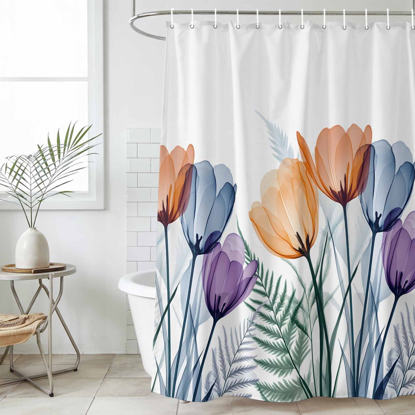 Blue Purple Tulip Waterproof Fabric Shower Curtain,Orange Brown Floral ...