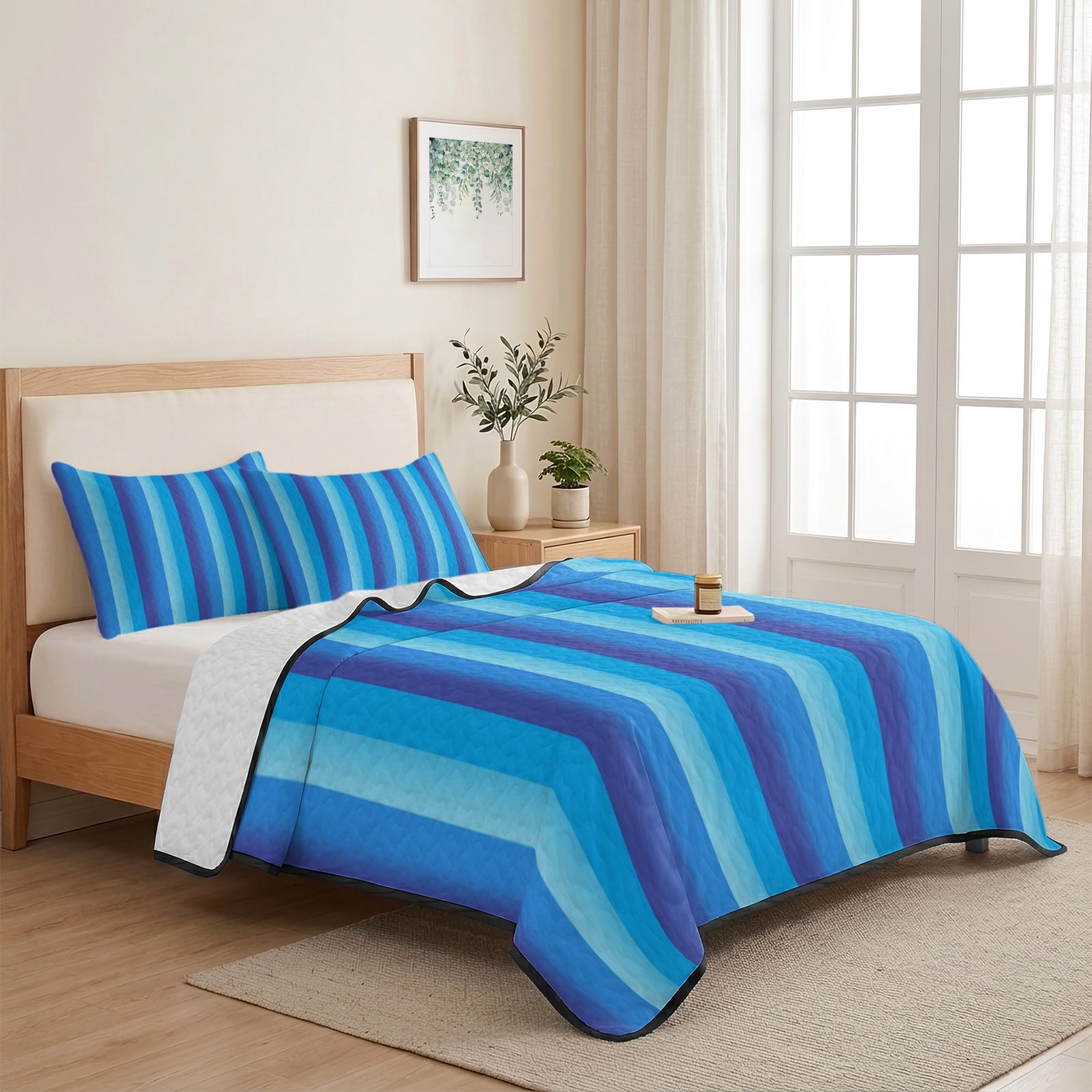 Blue Purple Vertical Stripes 3 Pieces Quilt Set,1 Quilt with 2 Shams ...