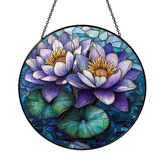 Blue Purple Water Lily Stained Glass Suncatcher – Round Floral Window ...