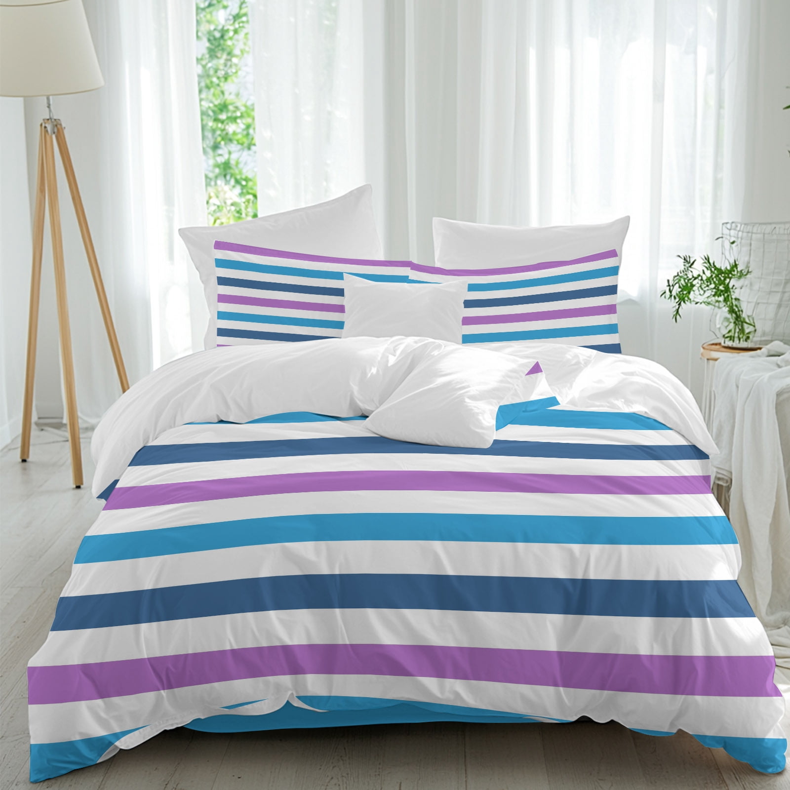 Blue Purple White Striped Comforter Set Queen Size, Modern Minimalist ...